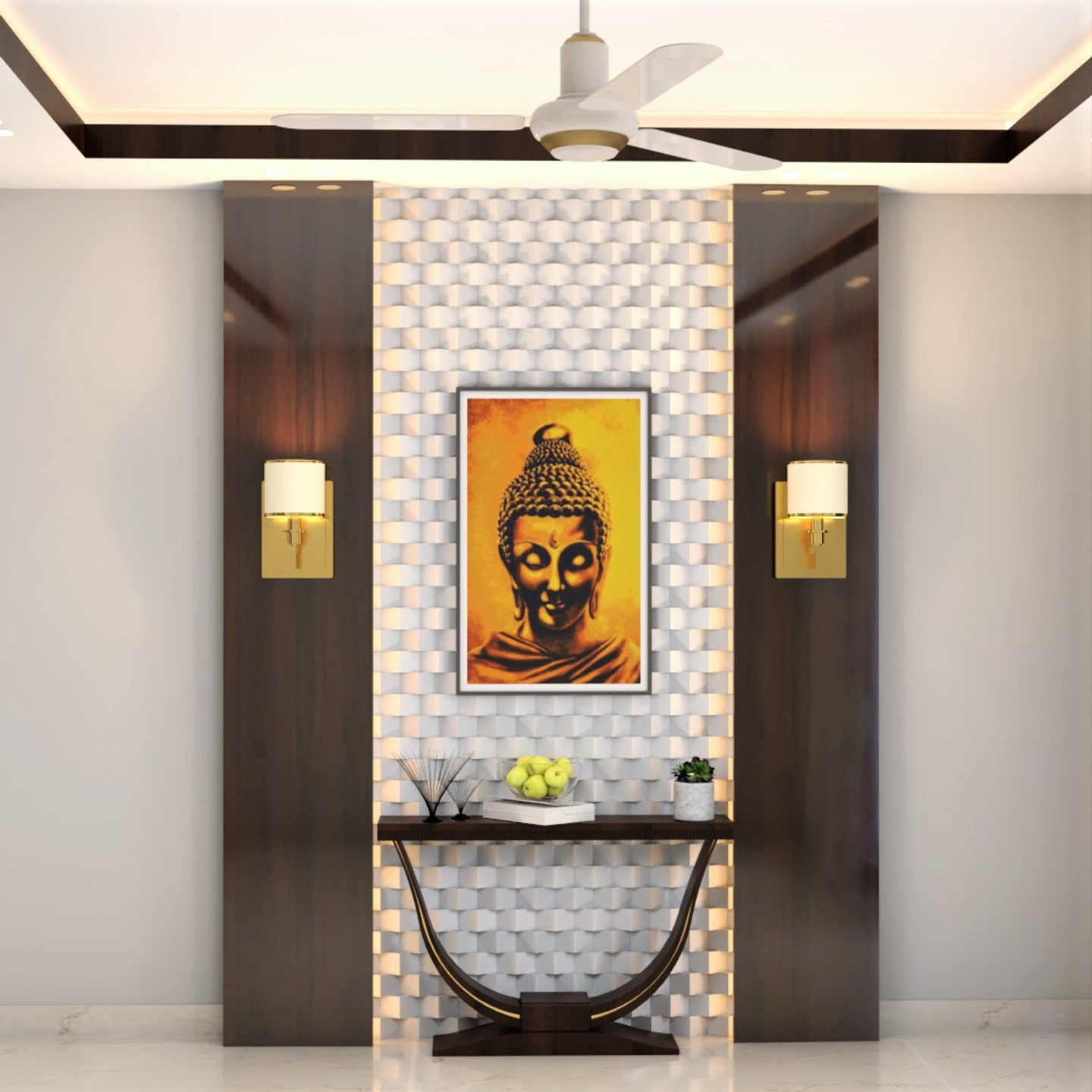 Spacious Foyer with Embossed Look and Buddha Picture | Livspace