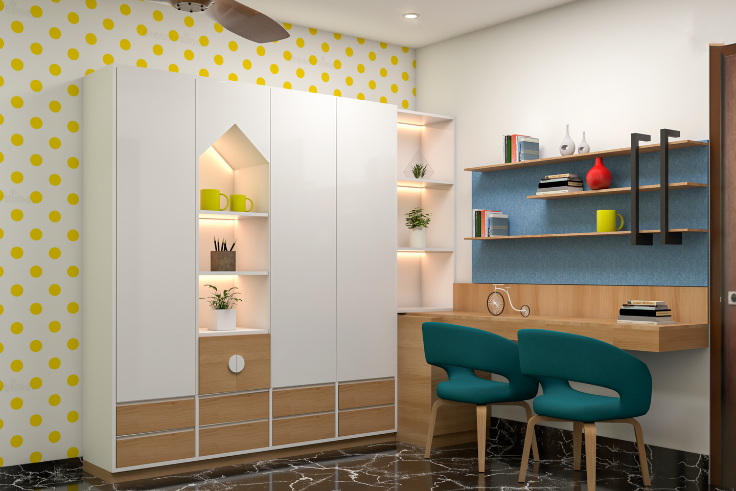 Stylish Kids Study with White and Wooden Wardrobe Design | Livspace
