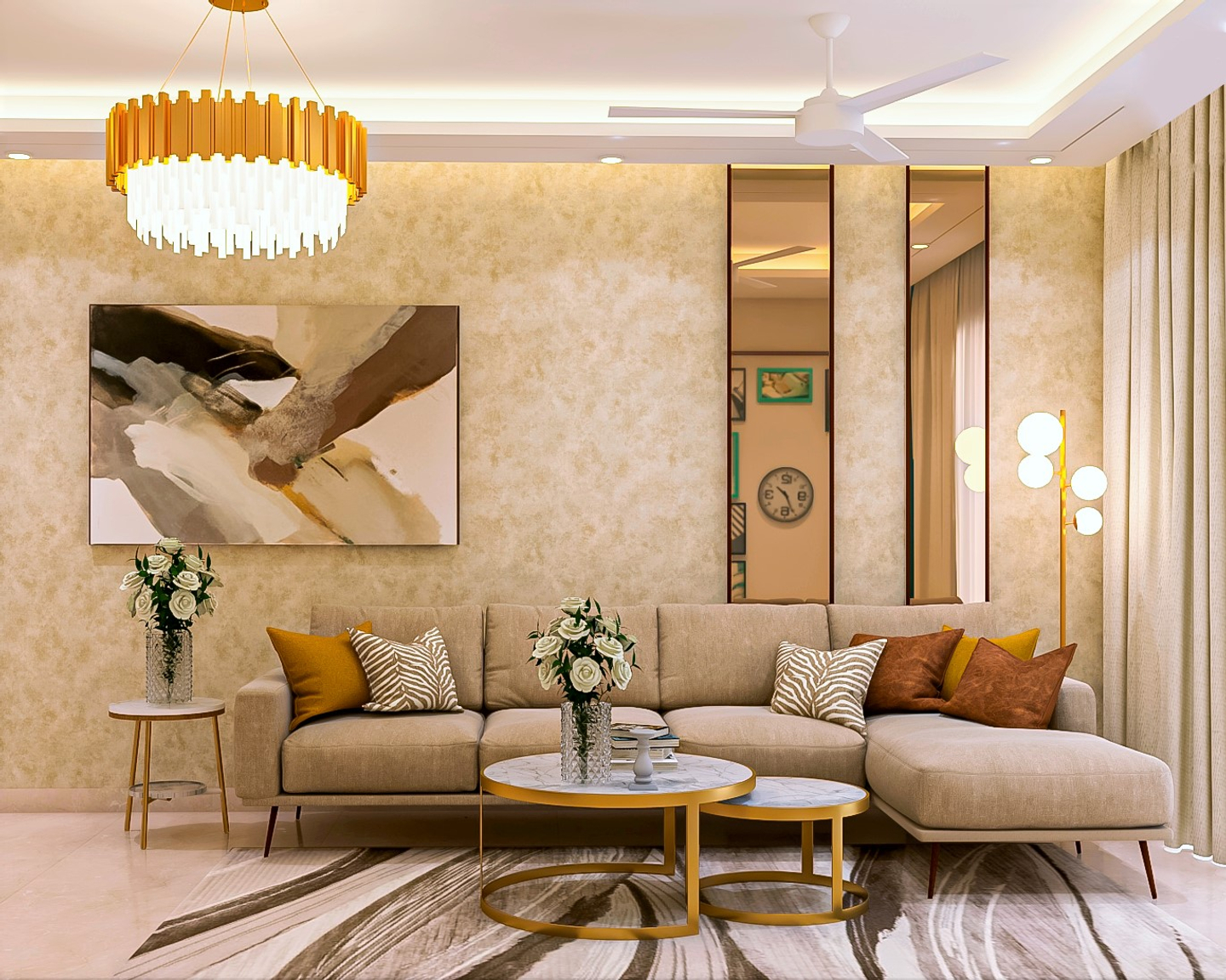 Beige L-Shaped Sofa Compact Living Room Design with Side Floor Lamp ...