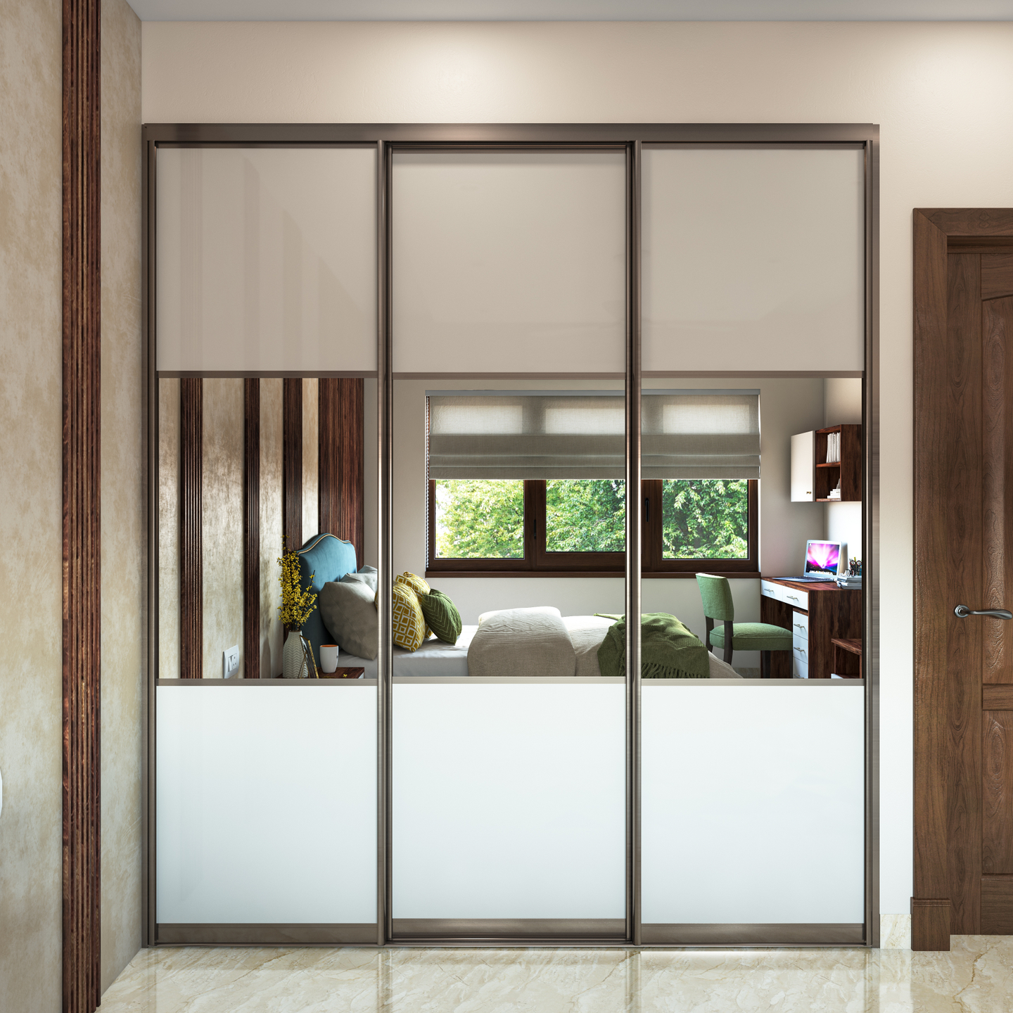 Compact Wardrobe with Grey Borders and Mirror Panels | Livspace