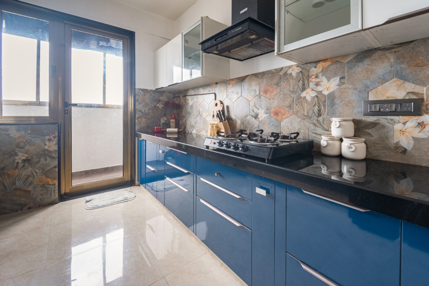 Modular Kitchen Design With Hexagonal Dado Tiles | Livspace