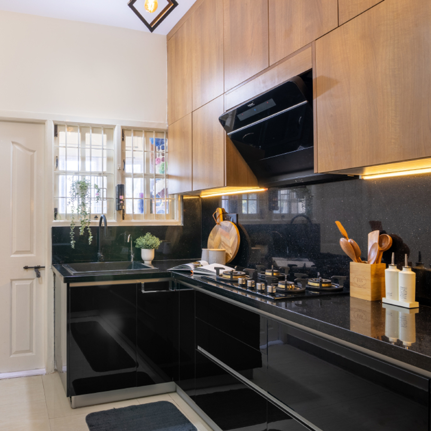 Compact Modular Kitchen Design With Black Base Units | Livspace