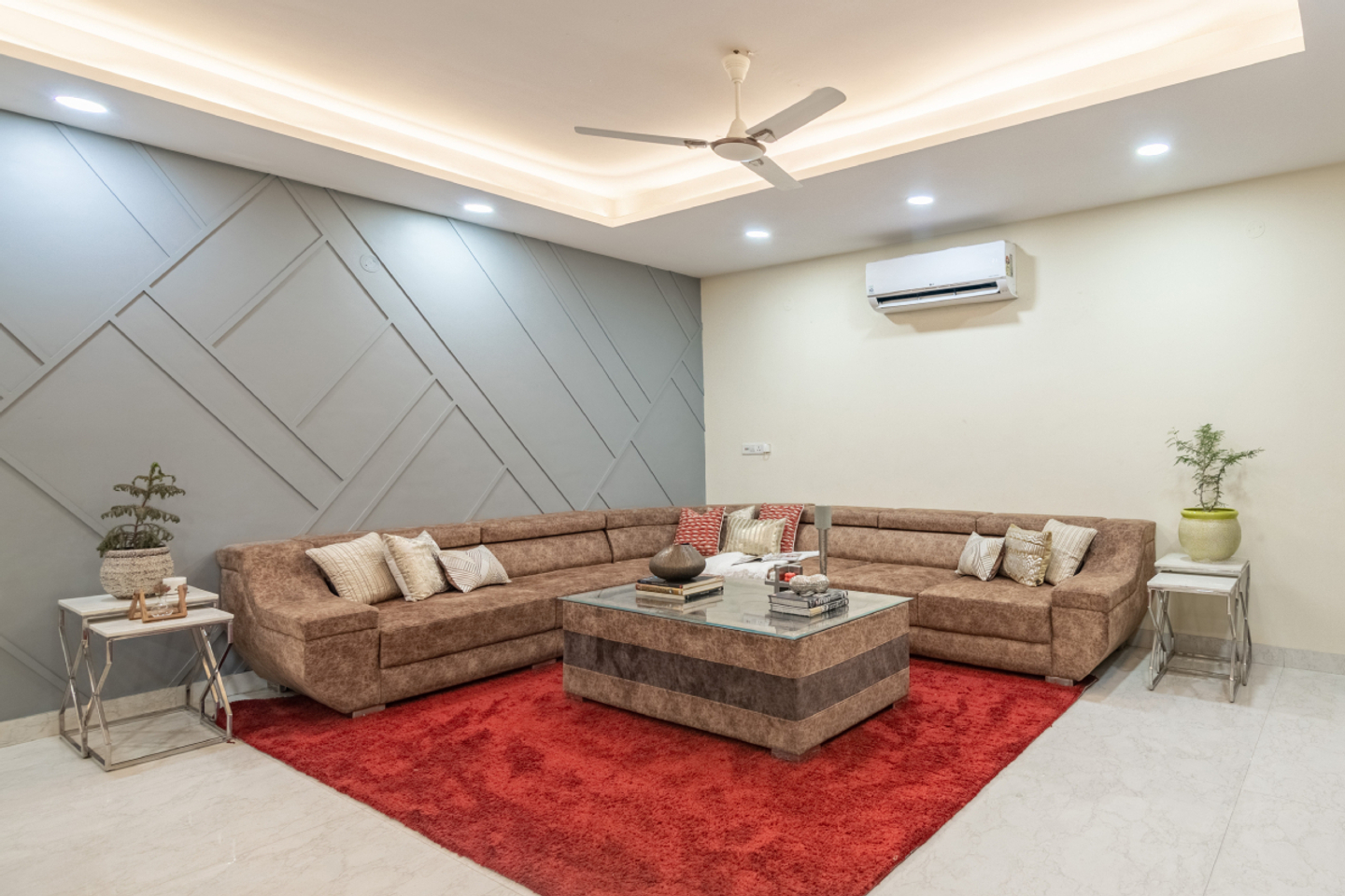 Living Room Design With A Red Floor Rug | Livspace