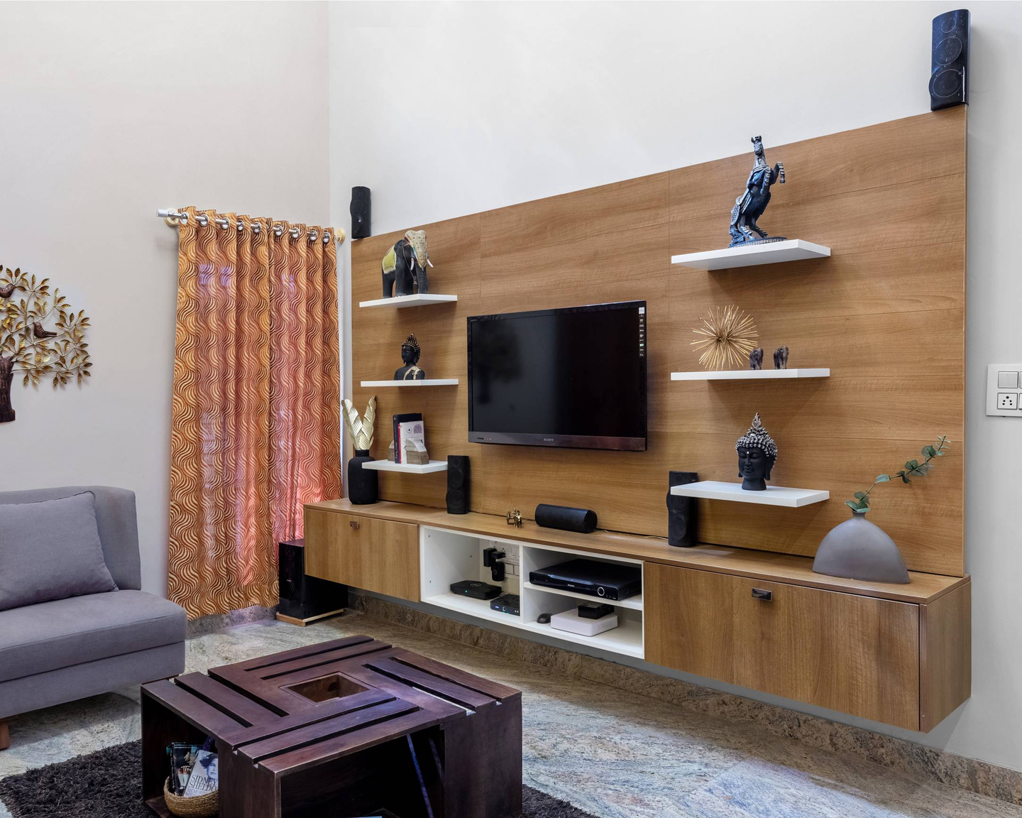 Brown TV Cabinet Design With Open Ledges | Livspace