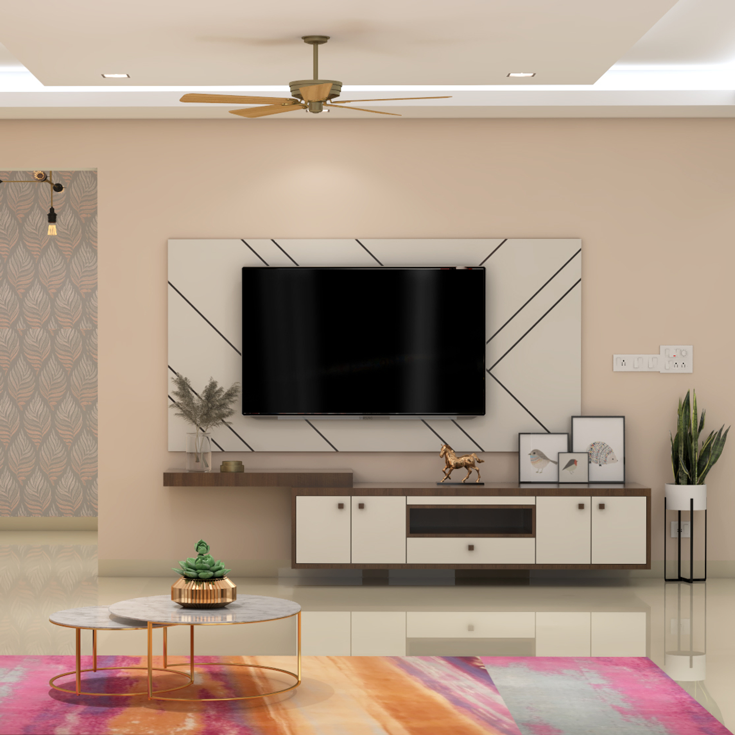 Compact TV Unit Design With Open Ledges And Striped Backdrop | Livspace