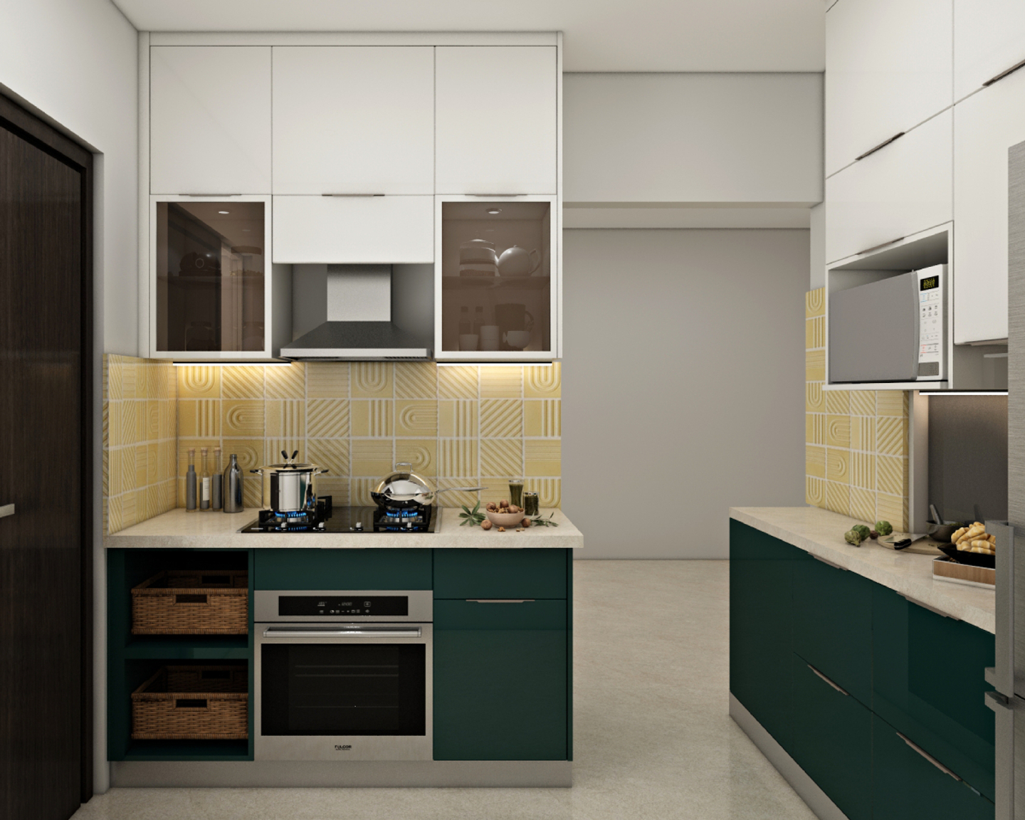 Spacious Parallel Emerald And Frosty White Modular Kitchen Design ...