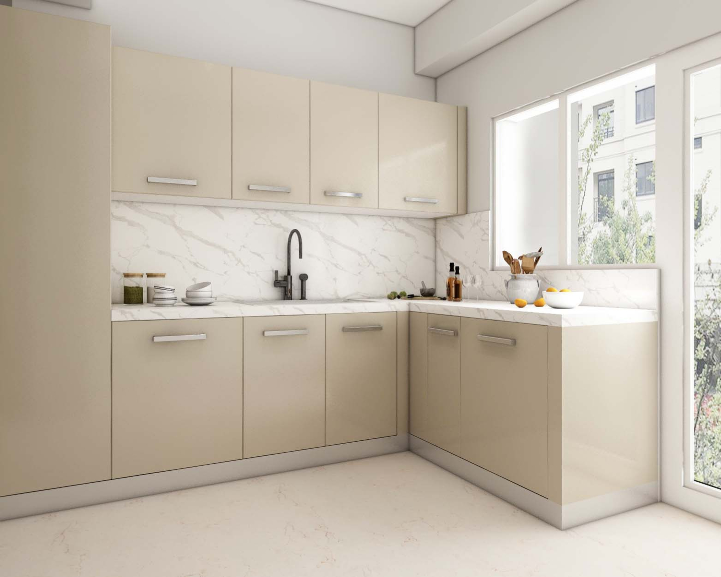 Compact Indian Kitchen Design With Beige Cabinets | Livspace