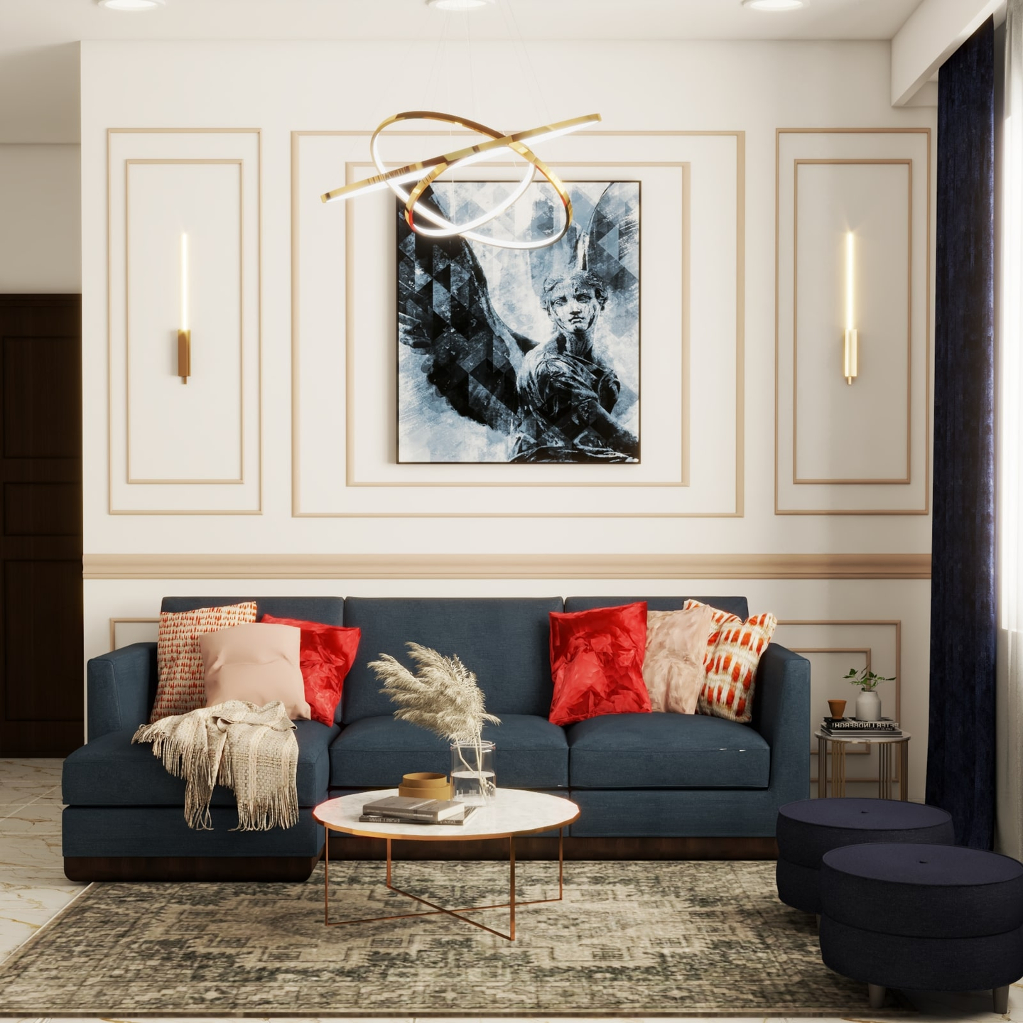 Living Rooom Interior Design With Stylish Wall Trims And Decor | Livspace