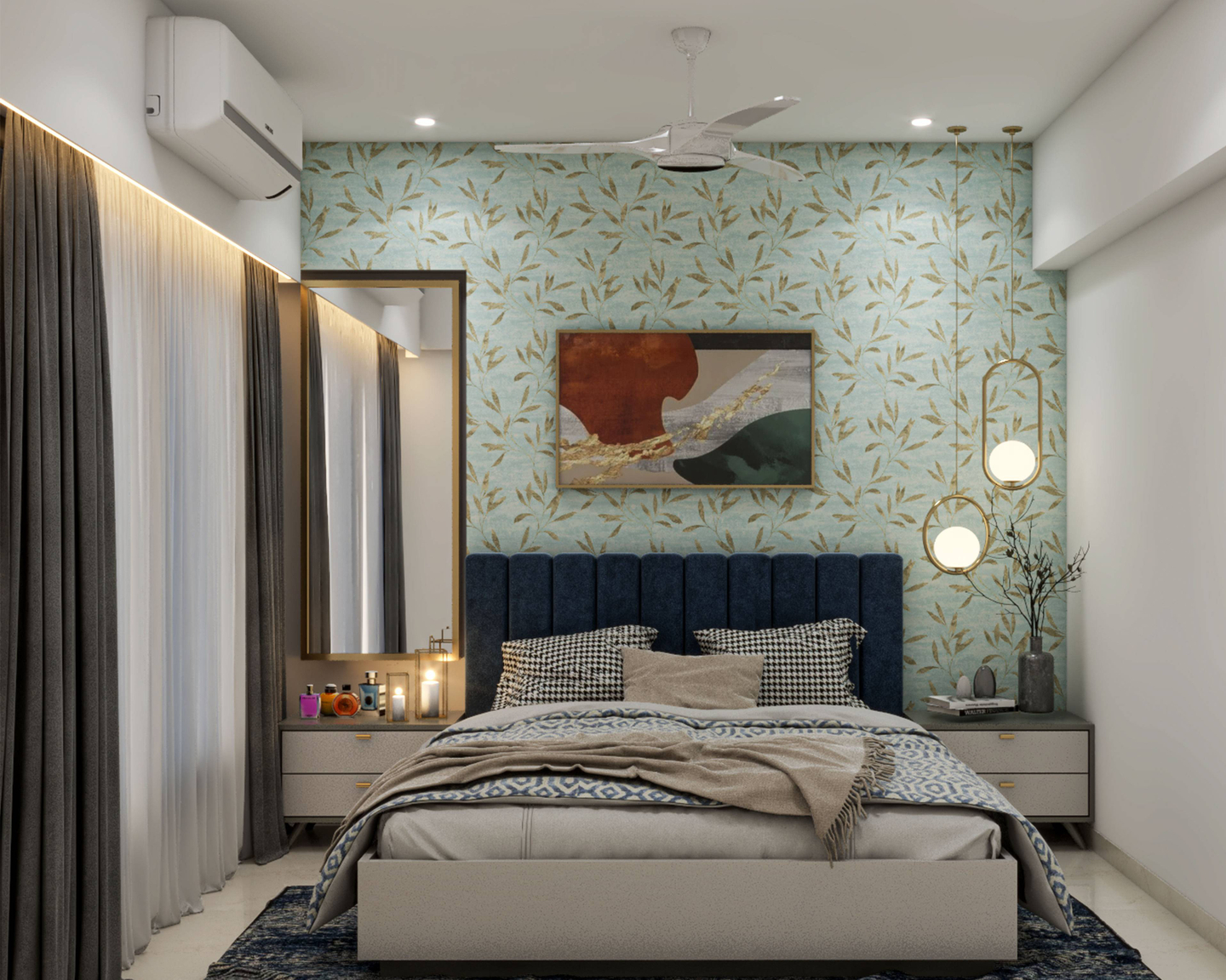 Modern Guest Room Interior Design with Leafy Wallpaper | Livspace