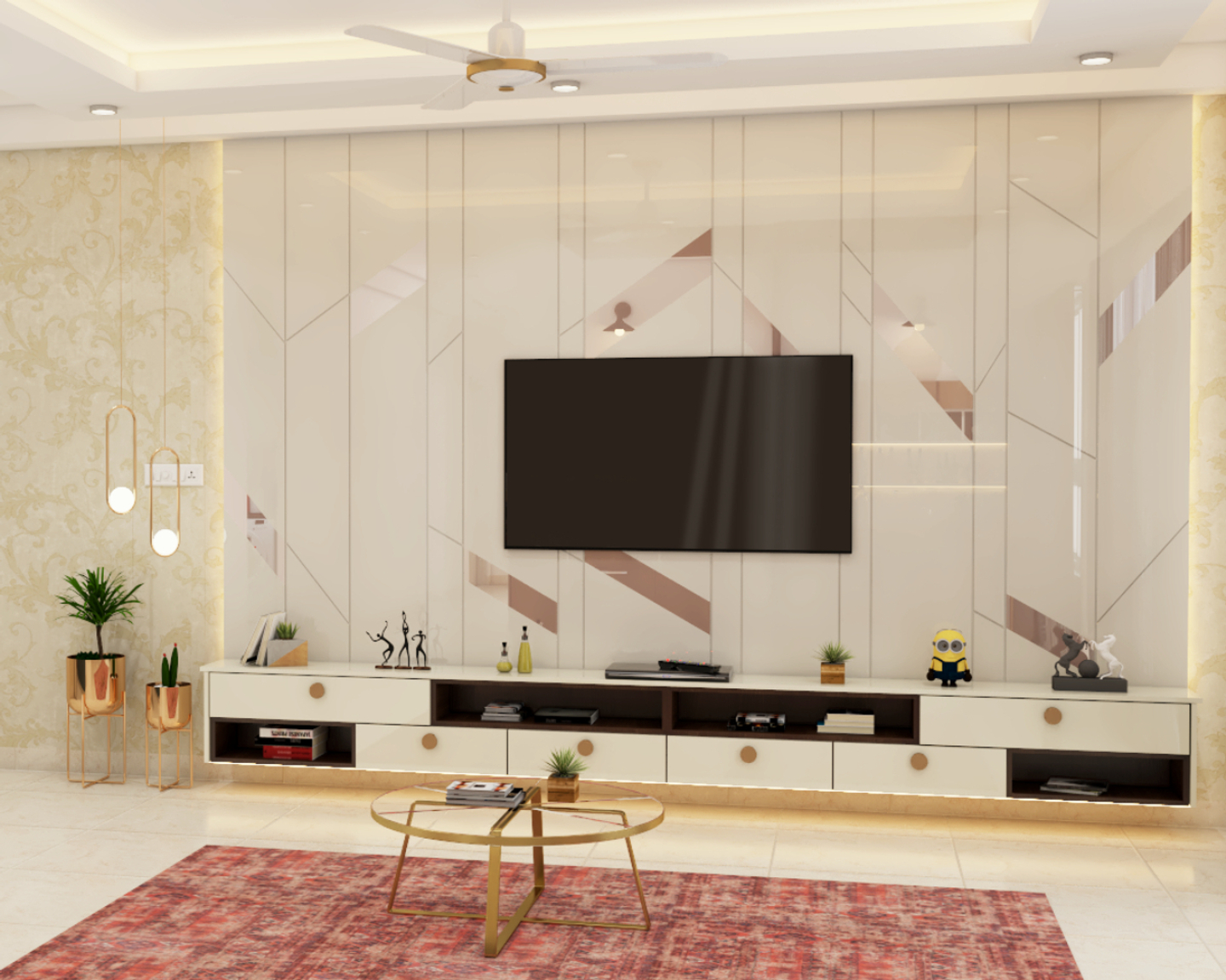 Spacious TV Unit Design With Cream And Wooden Grain Laminate