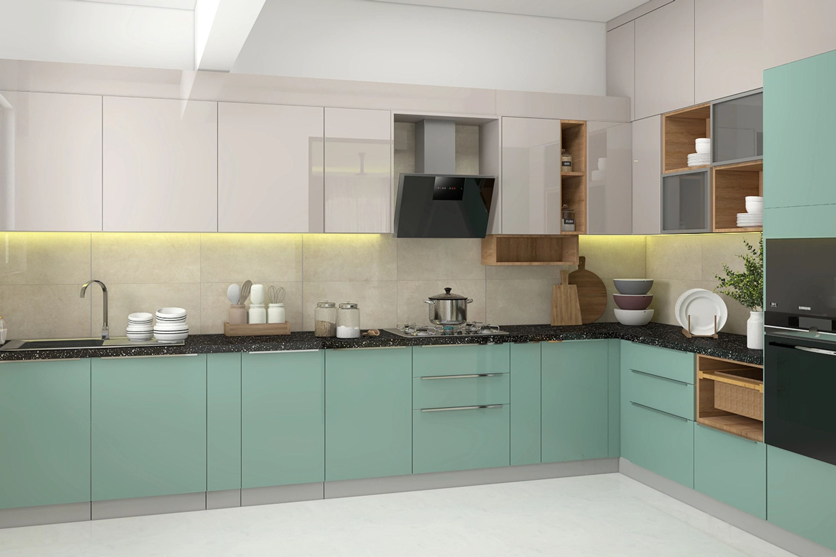Green Spacious Modular Kitchen Design | Livspace