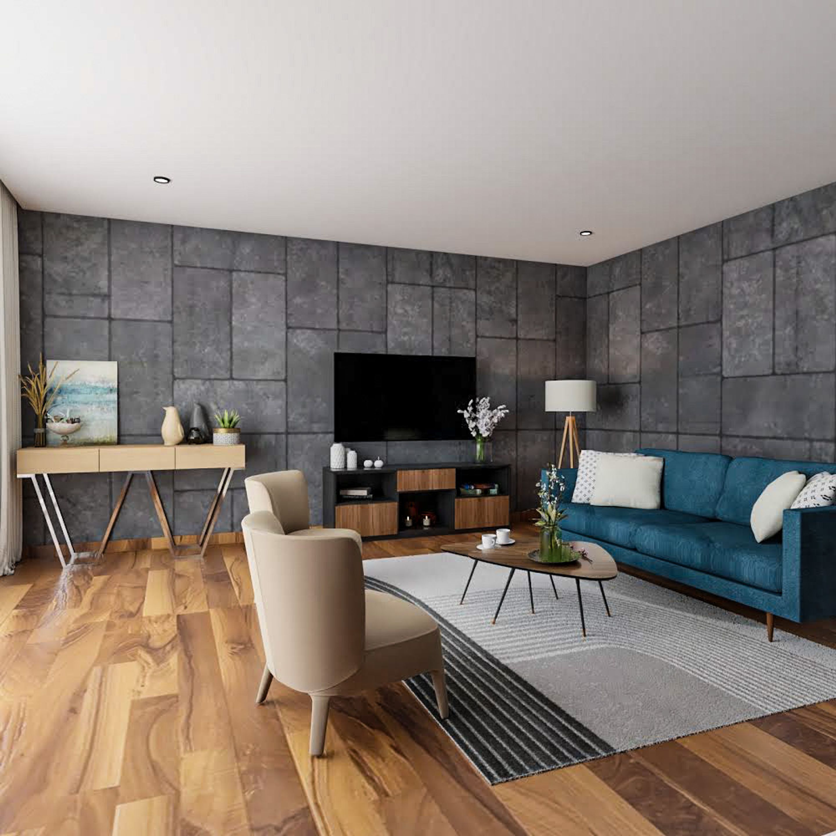 Grey Wall Design With Wall Panels For Living Room | Livspace