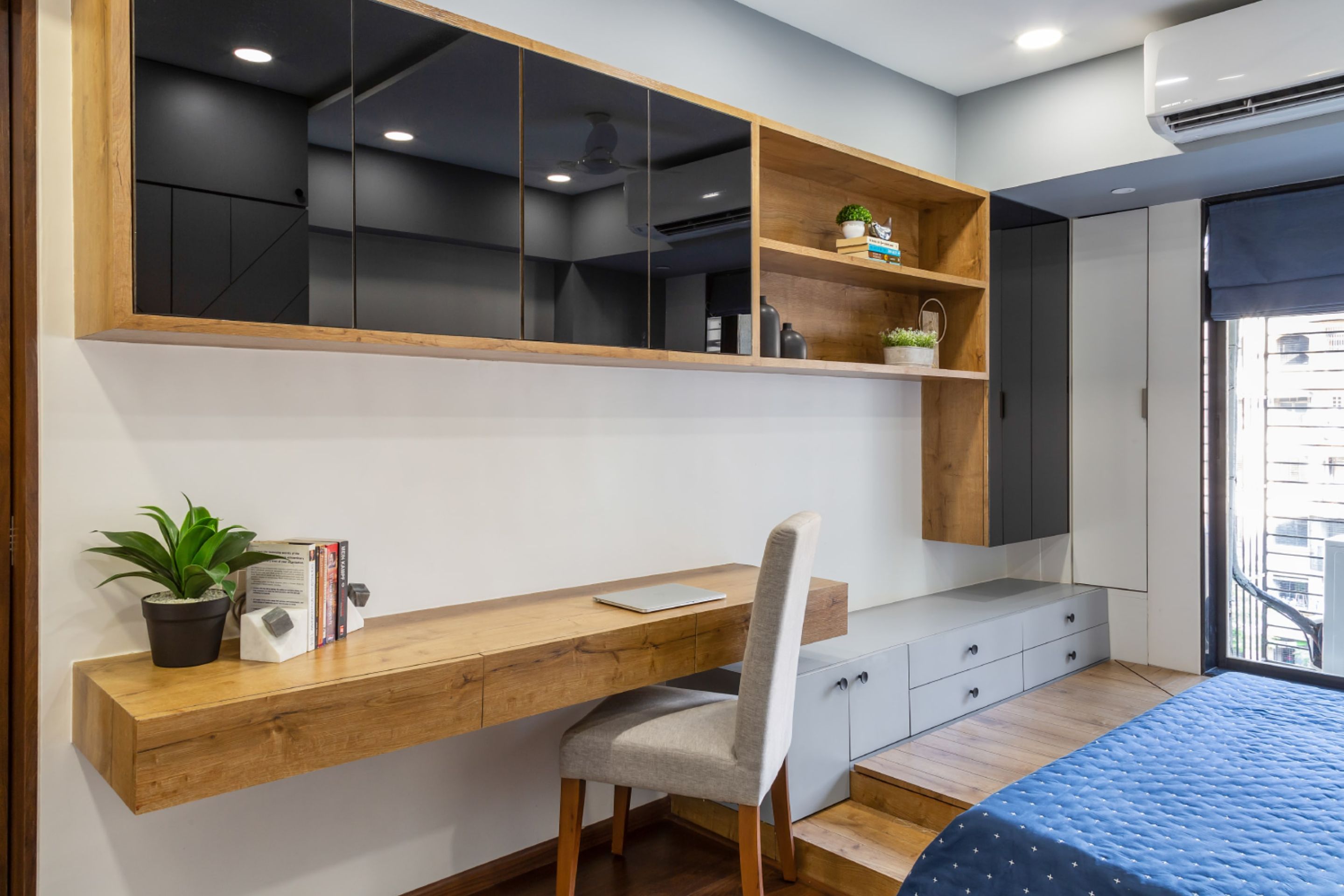 Spacious Boys Room Design With Grey Swing Wardrobe And Wooden Study ...