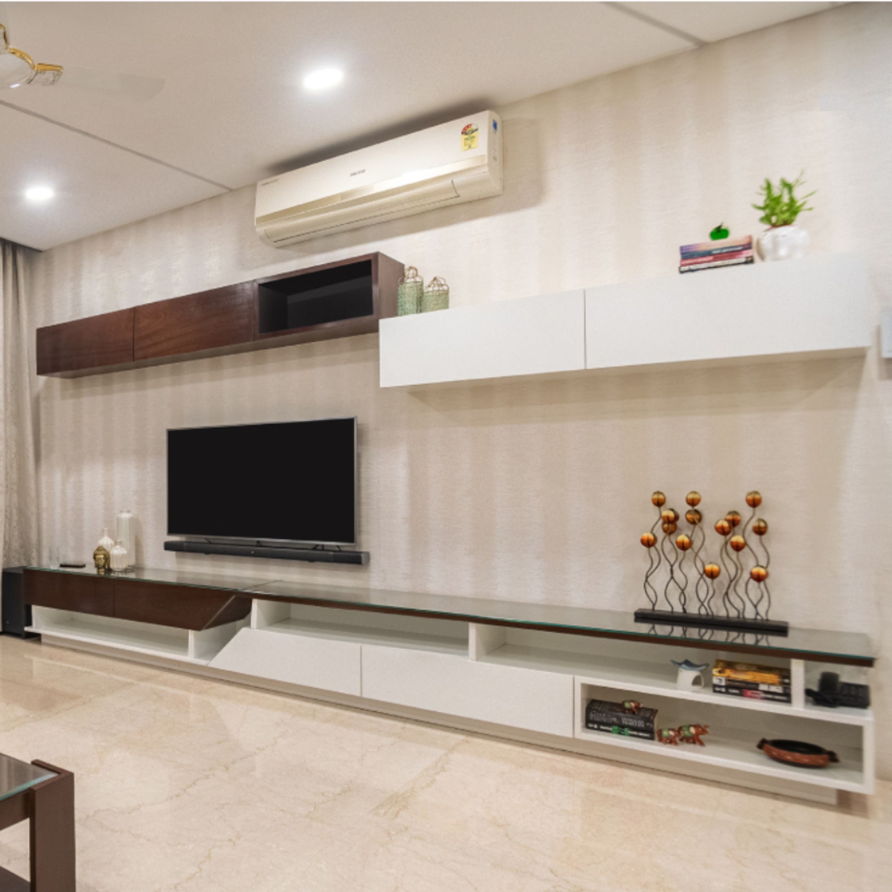 Beige Monochrome Living Room Wallpaper | Livspace