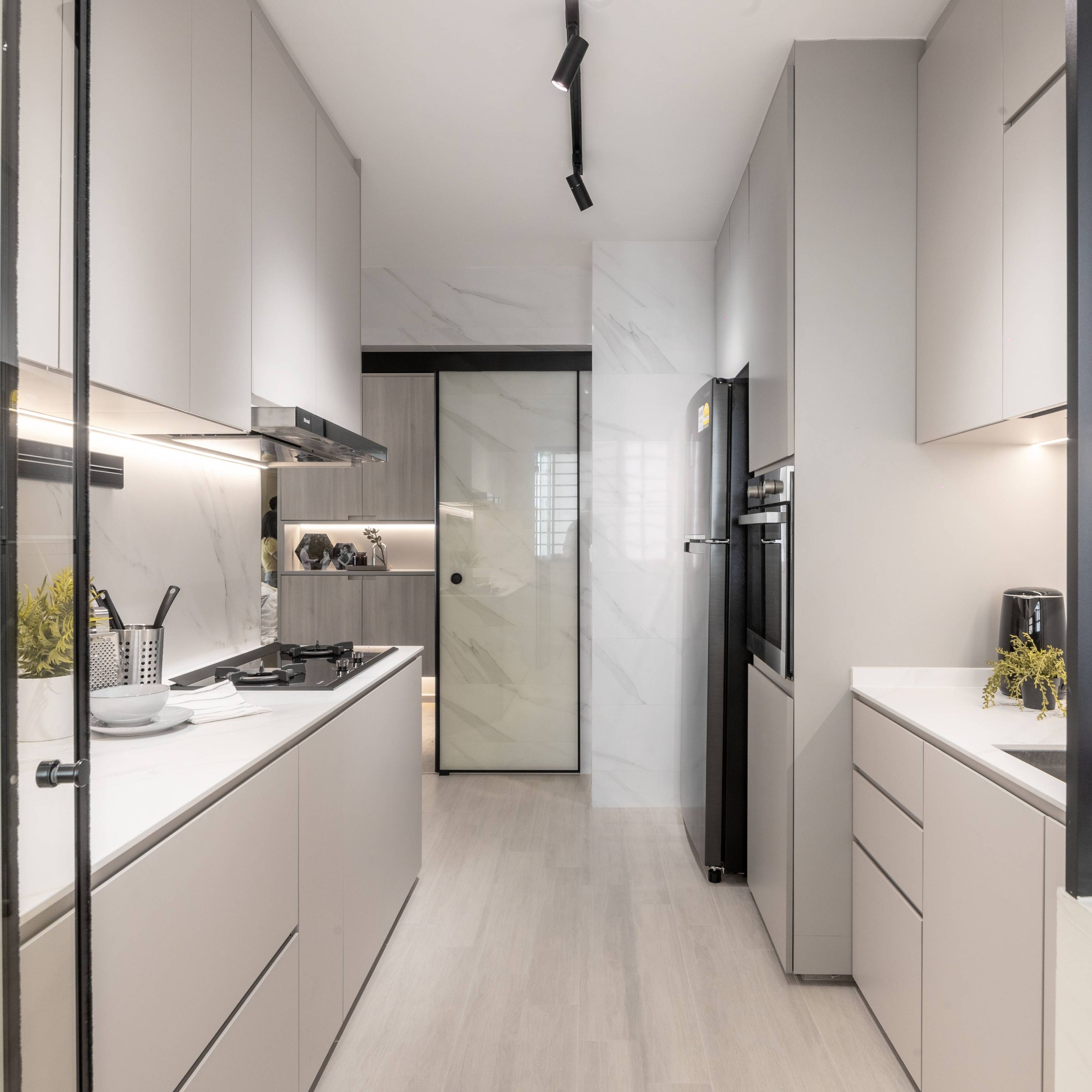 White Minimal Parallel Kitchen Design | Livspace