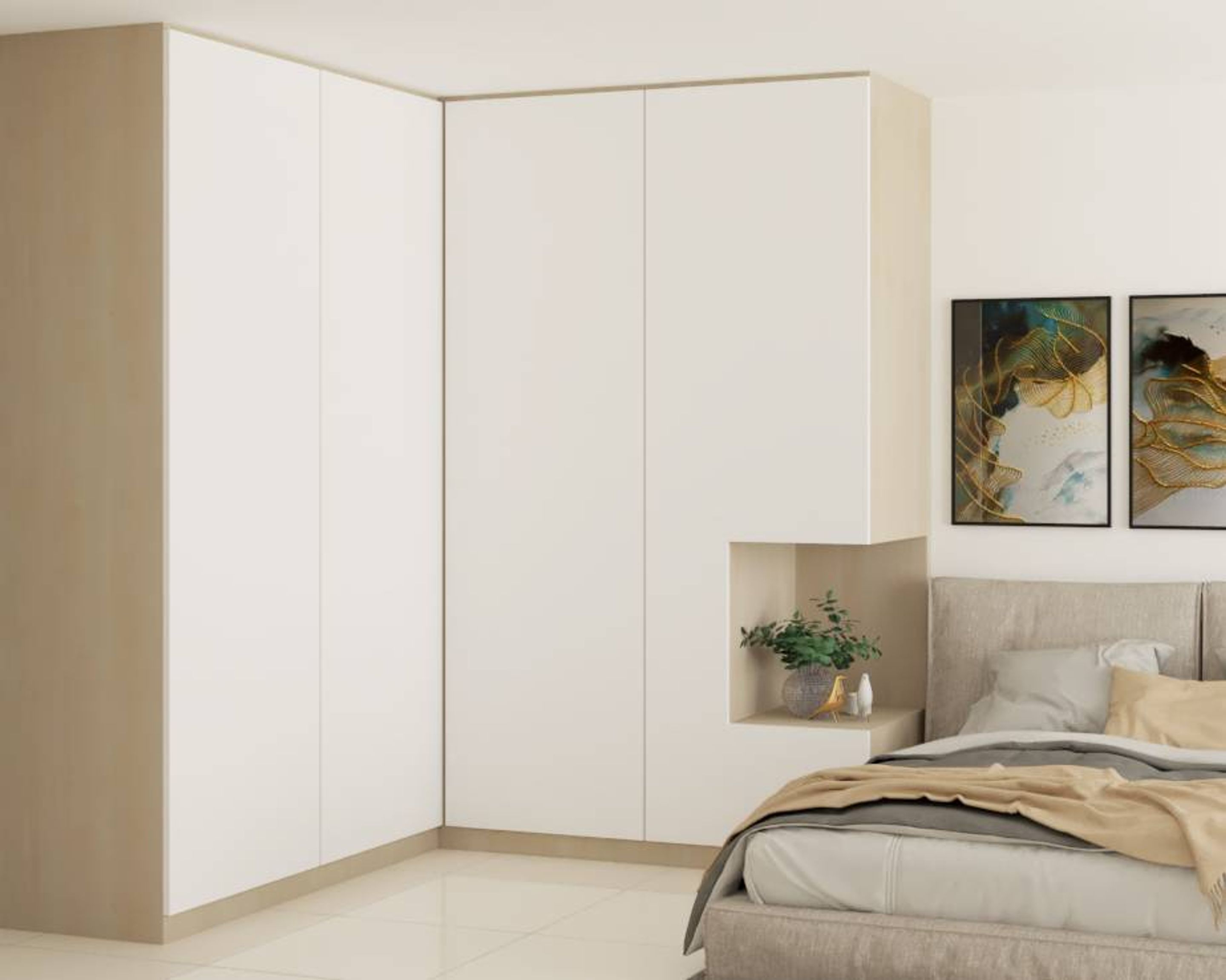 Spacious L-Shaped Wardrobe Design With Open Niche For Artefacts | Livspace