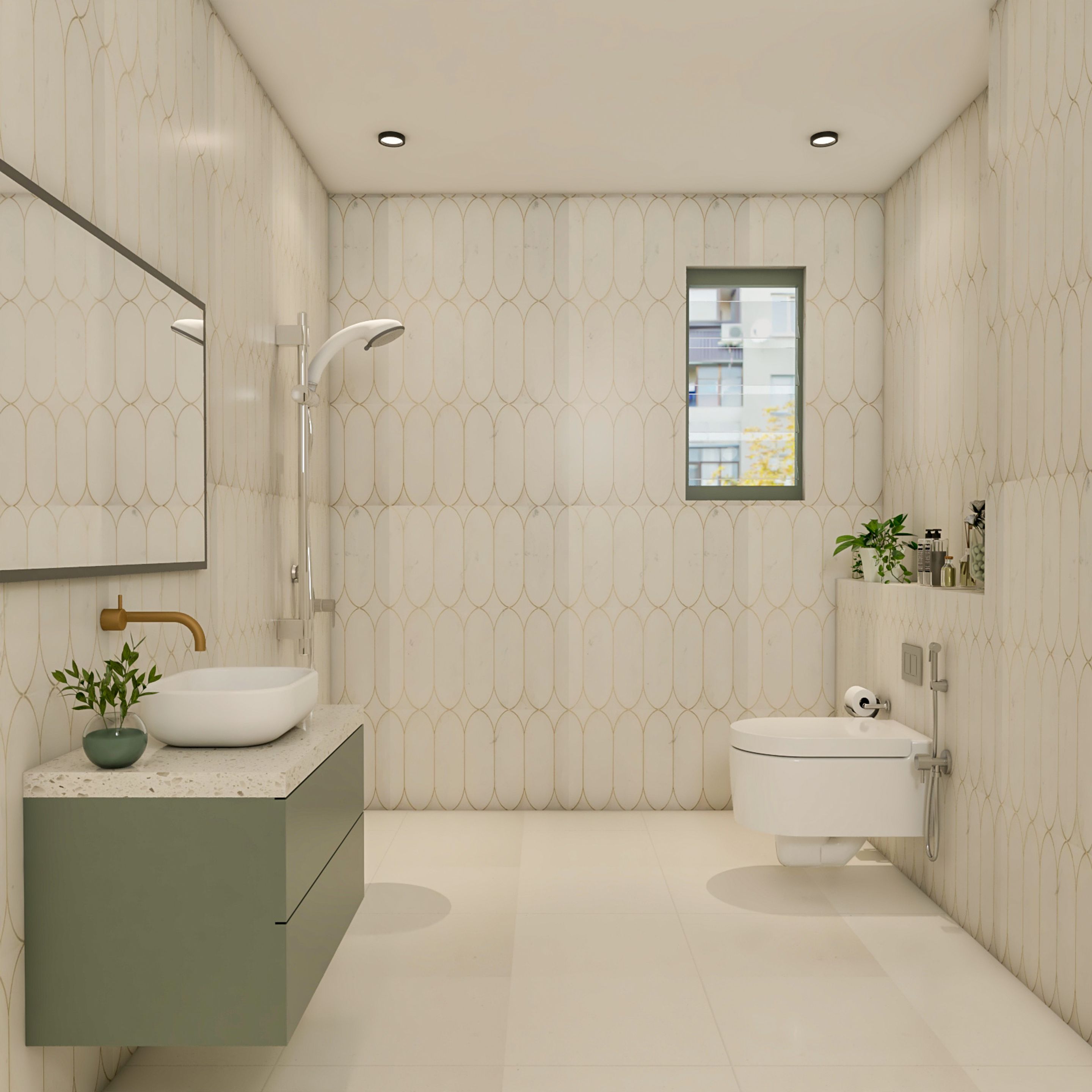 Cream Bathroom Design With Green Vanity Unit | Livspace