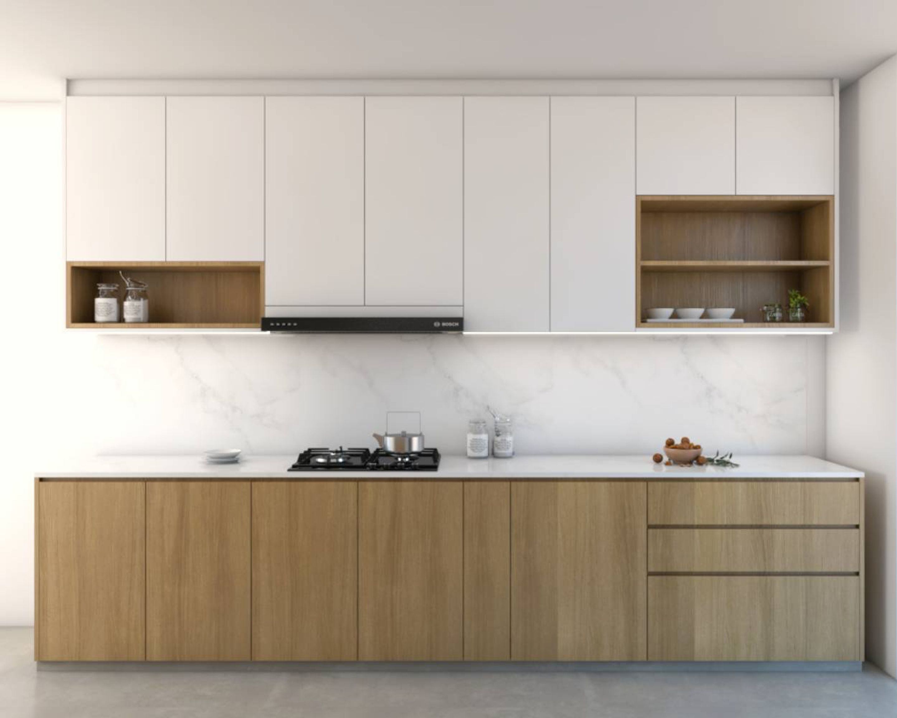 White And Wood Parallel Kitchen Design With Marble Backsplash And Semi ...