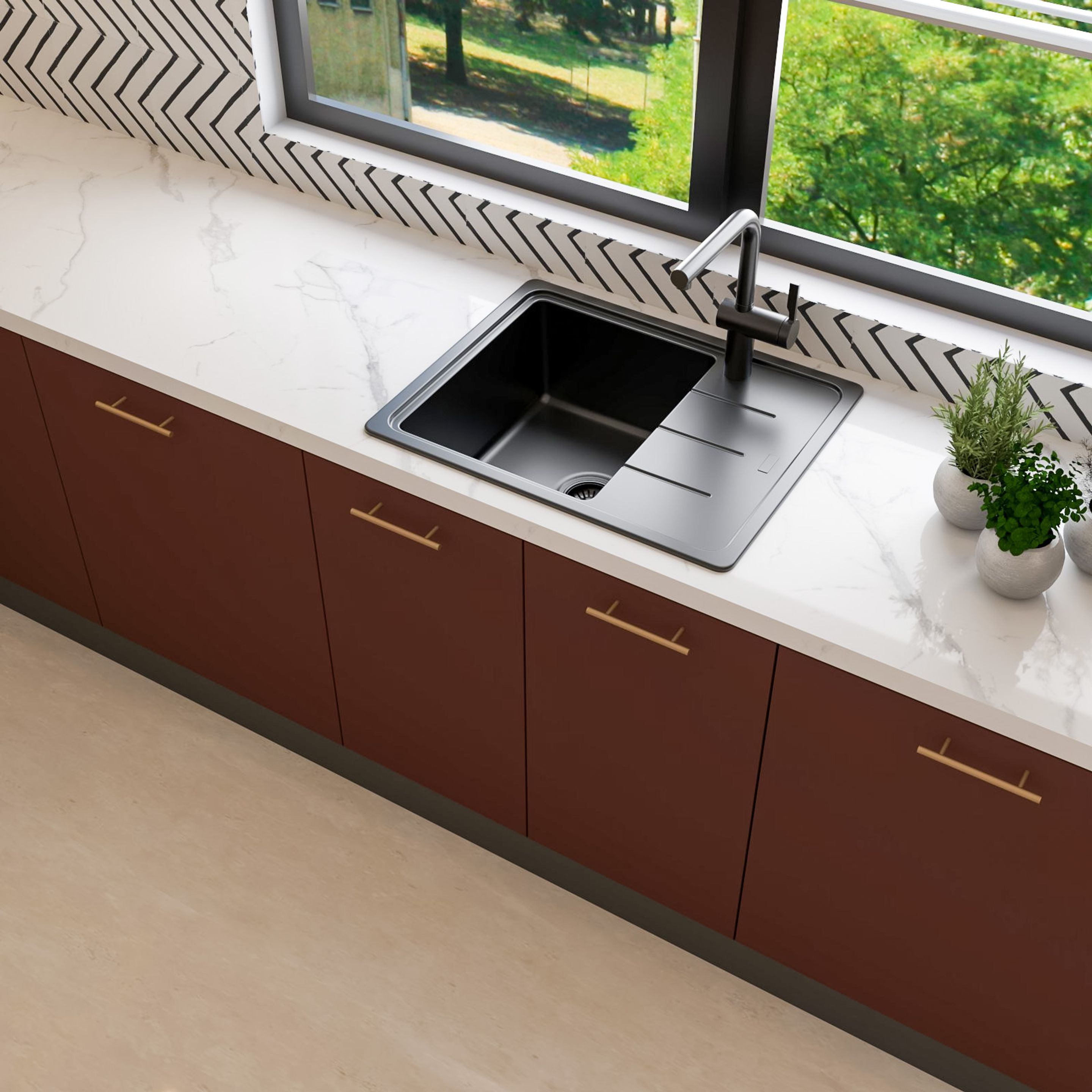 Top Mount Single Bowl Black Quartz Kitchen Sink Design With Drainboard ...