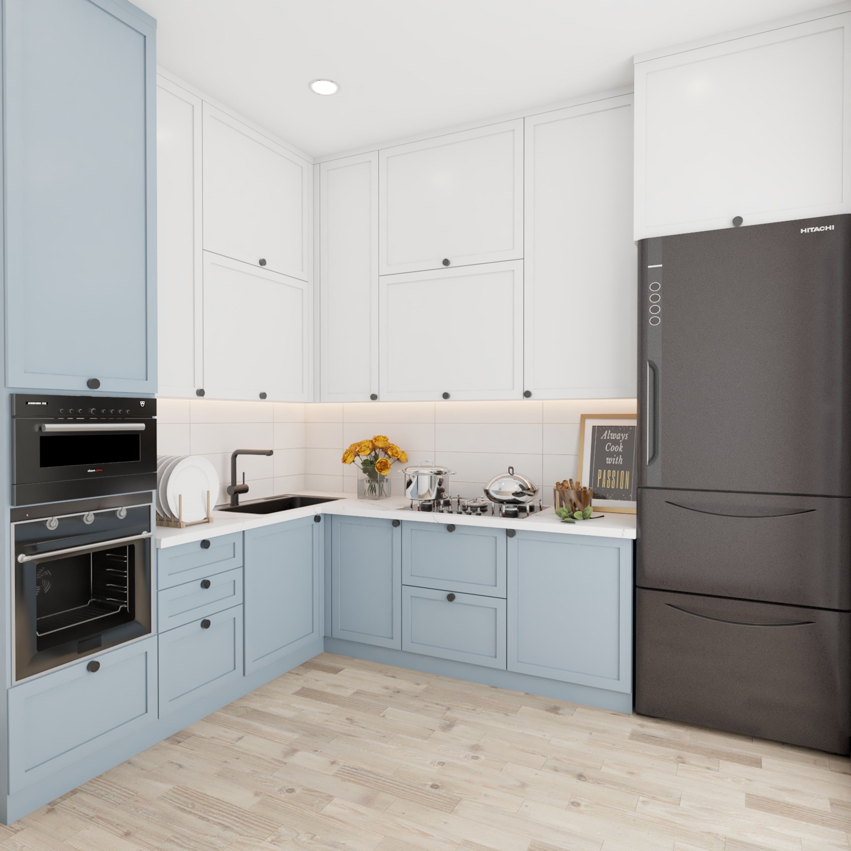 Blue And White L Shaped Kitchen Design With Profile Shutters | Livspace