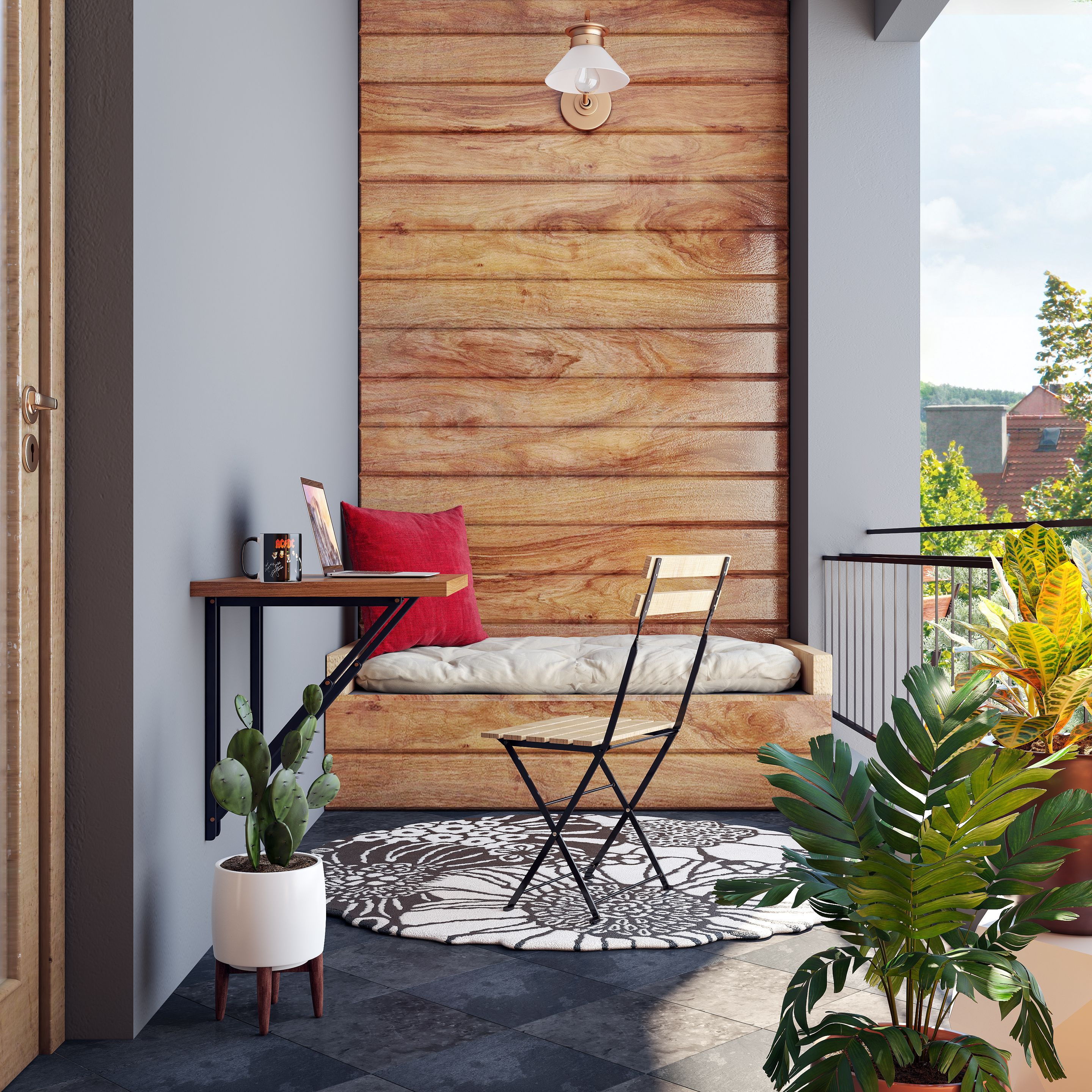 Contemporary Balcony with WPC panelling and Circular Rug | Livspace