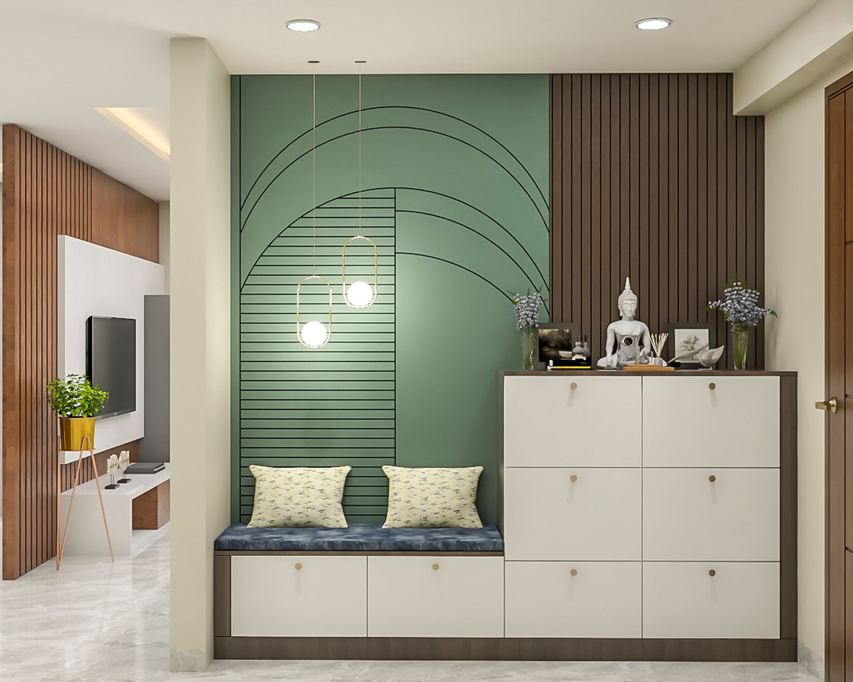 Contemporary Foyer Design With Green Wall And Storage | Livspace
