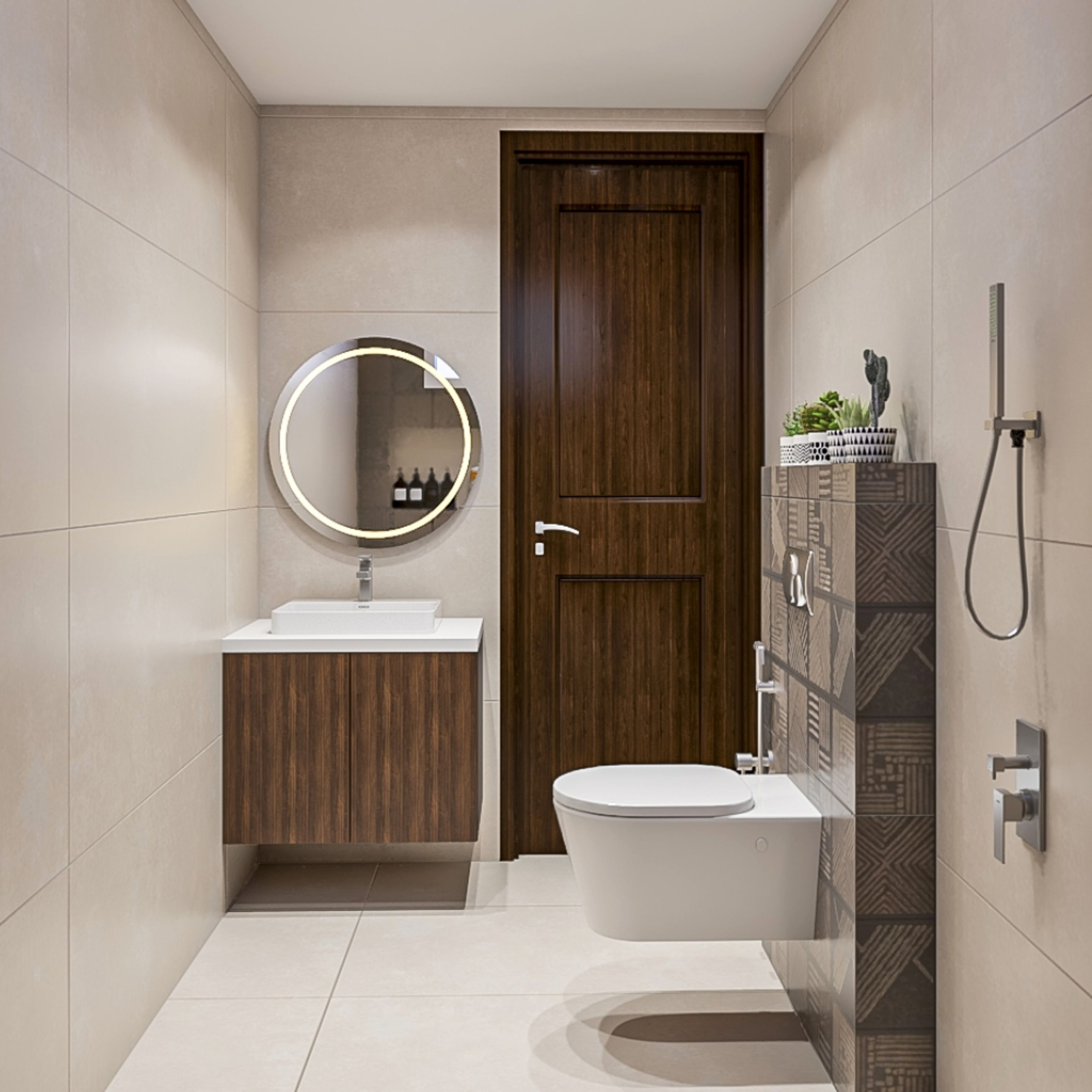 Compact Bathroom Design With Beige And Brown Tiles | Livspace