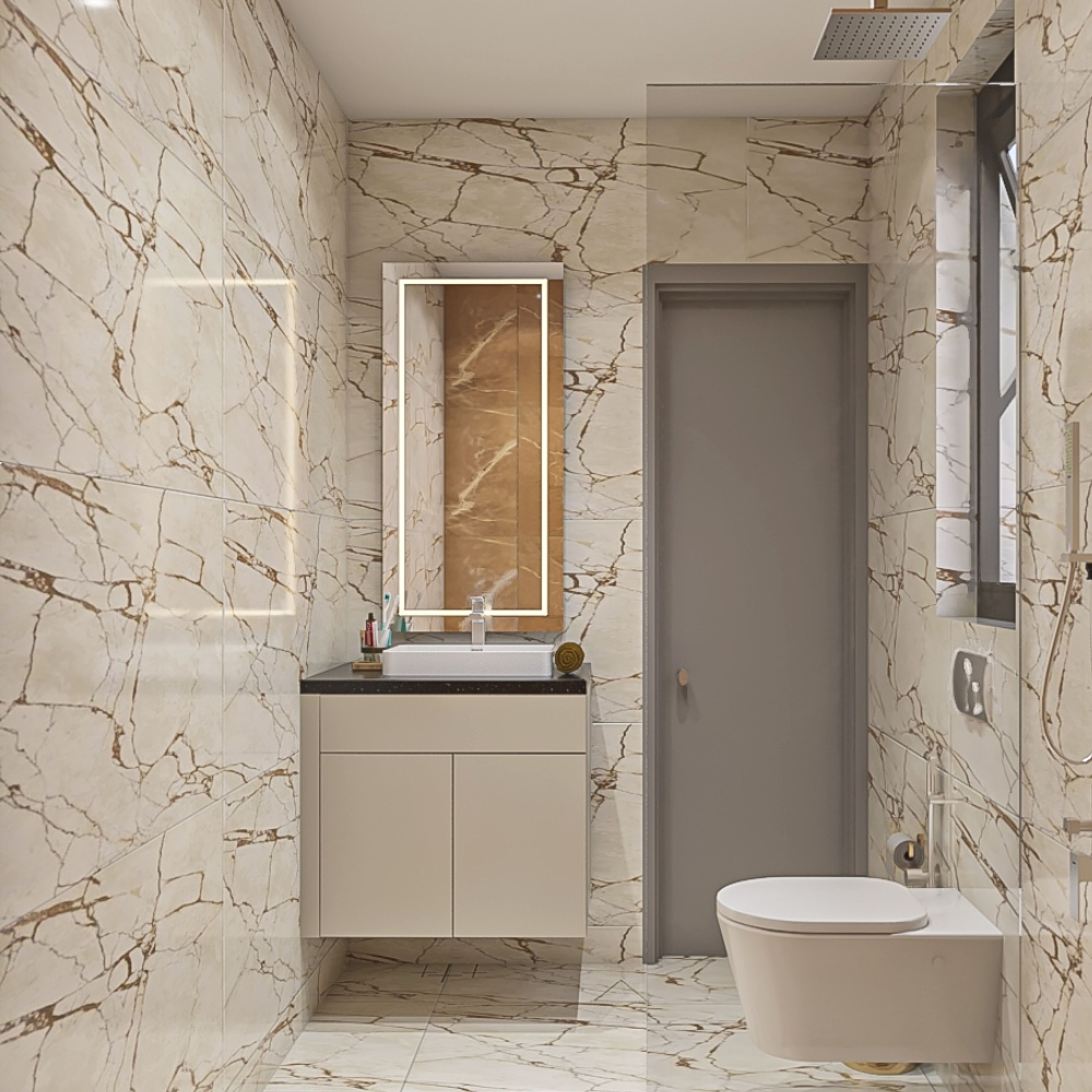 Compacy Cream And Brown Bathroom Design - 7X5 Ft | Livspace