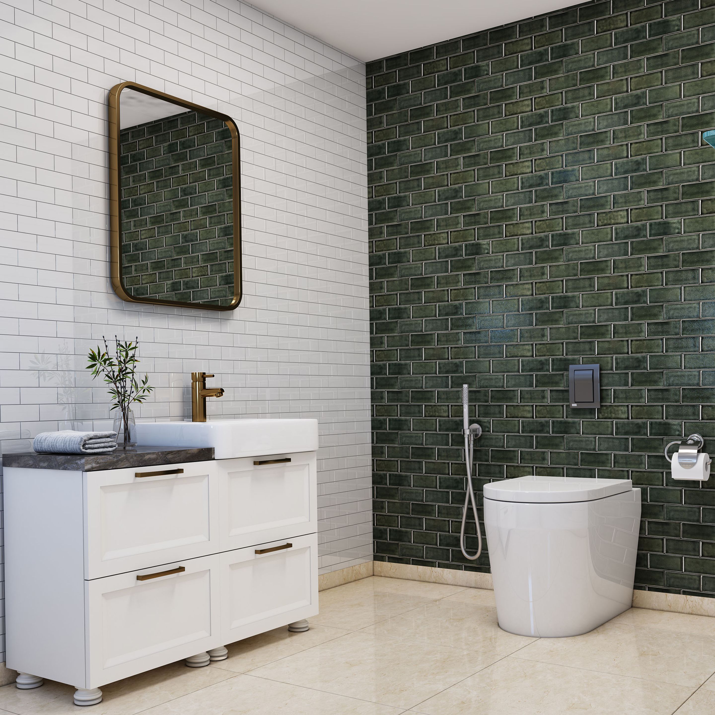 Subway Glossy Green And White Bathroom Tile Design | Livspace