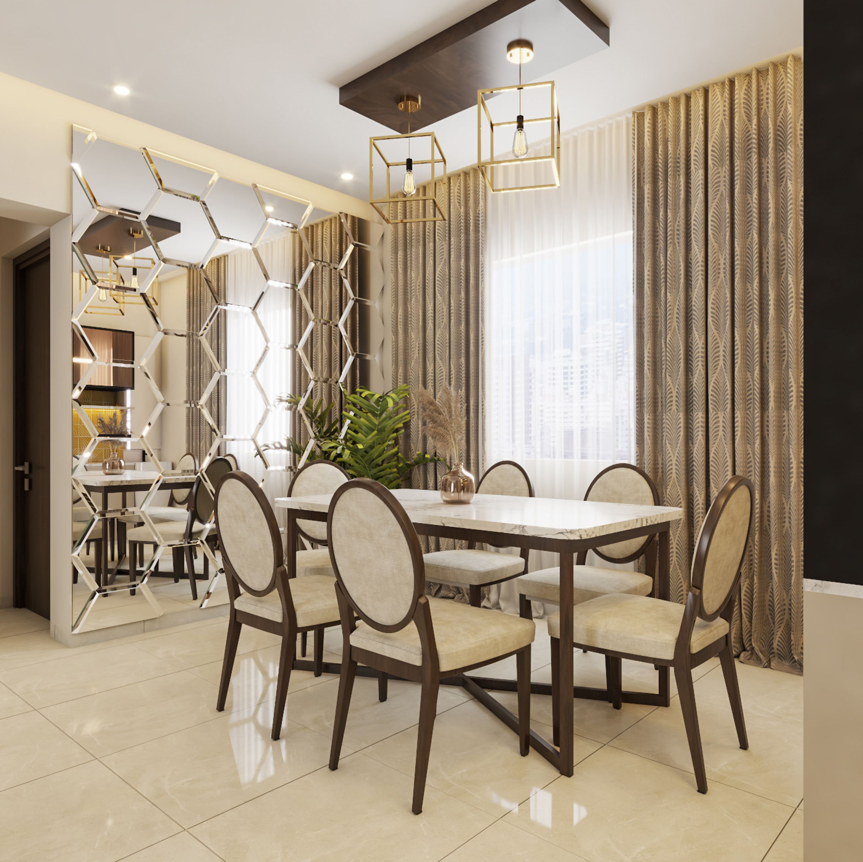 Spacious Dining Room Design With Mirror Panelling | Livspace