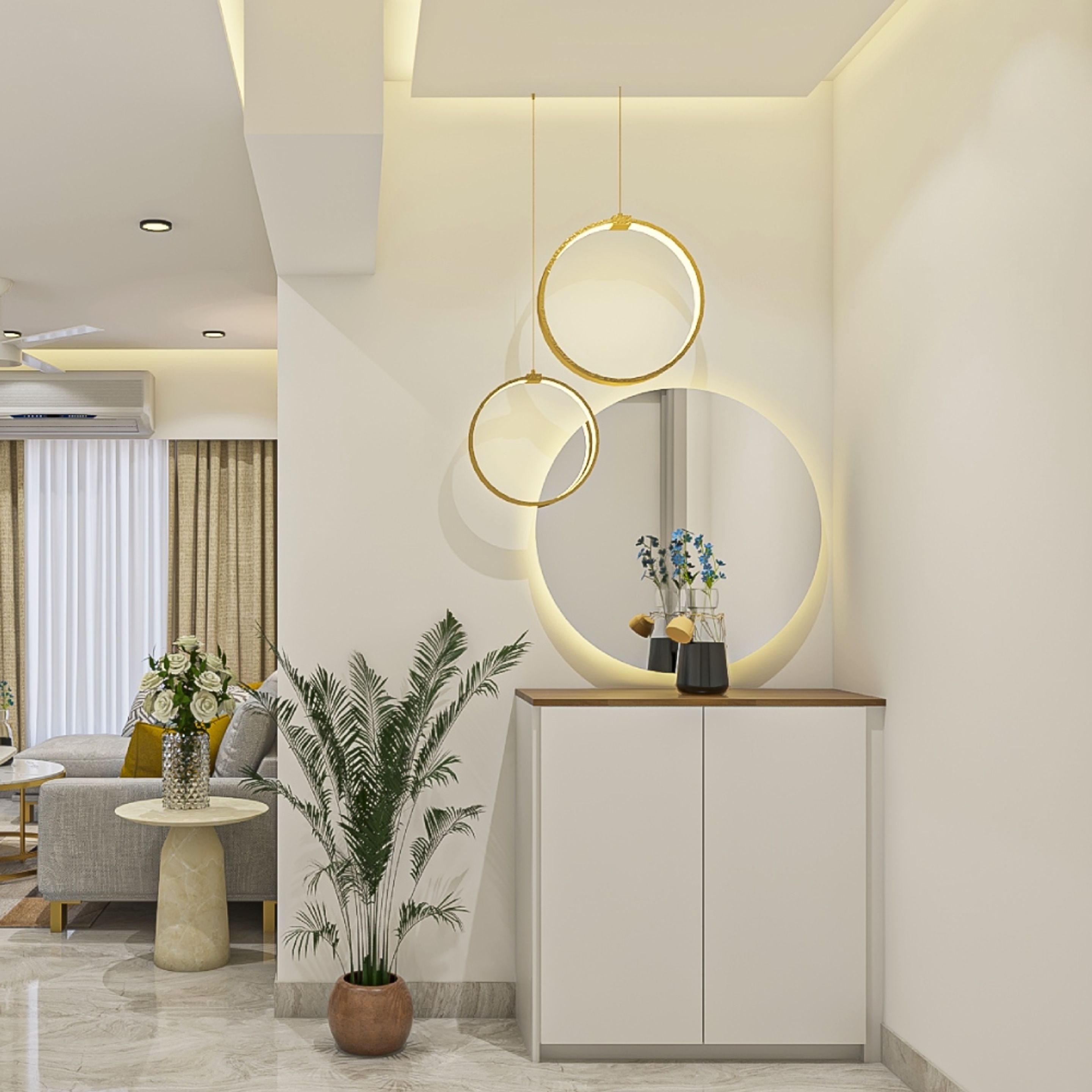 Compact White Foyer Design With Circular Pendant Lights And Round ...
