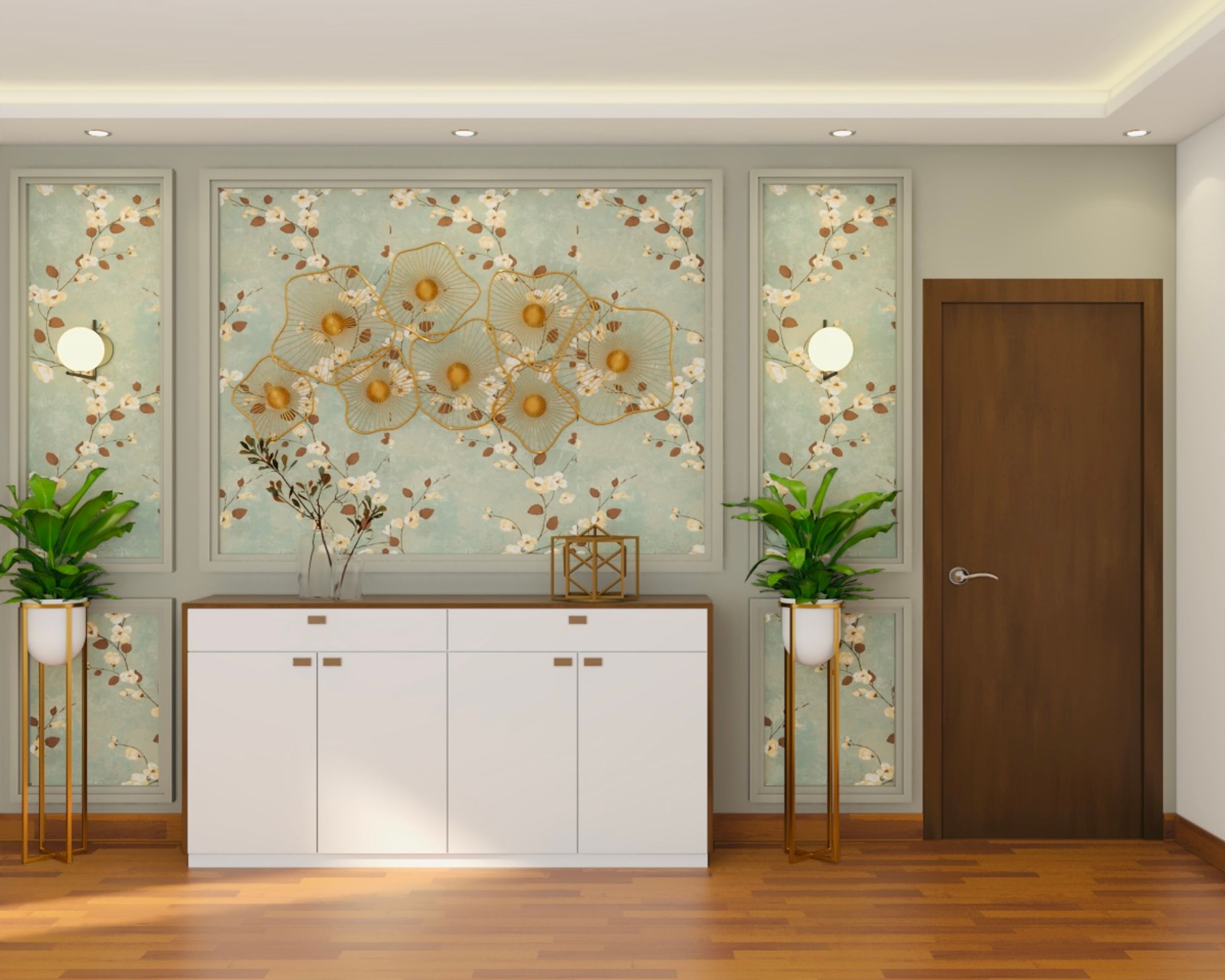 Spacious Foyer Design With Floral Wallpaper And White Storage Unit ...