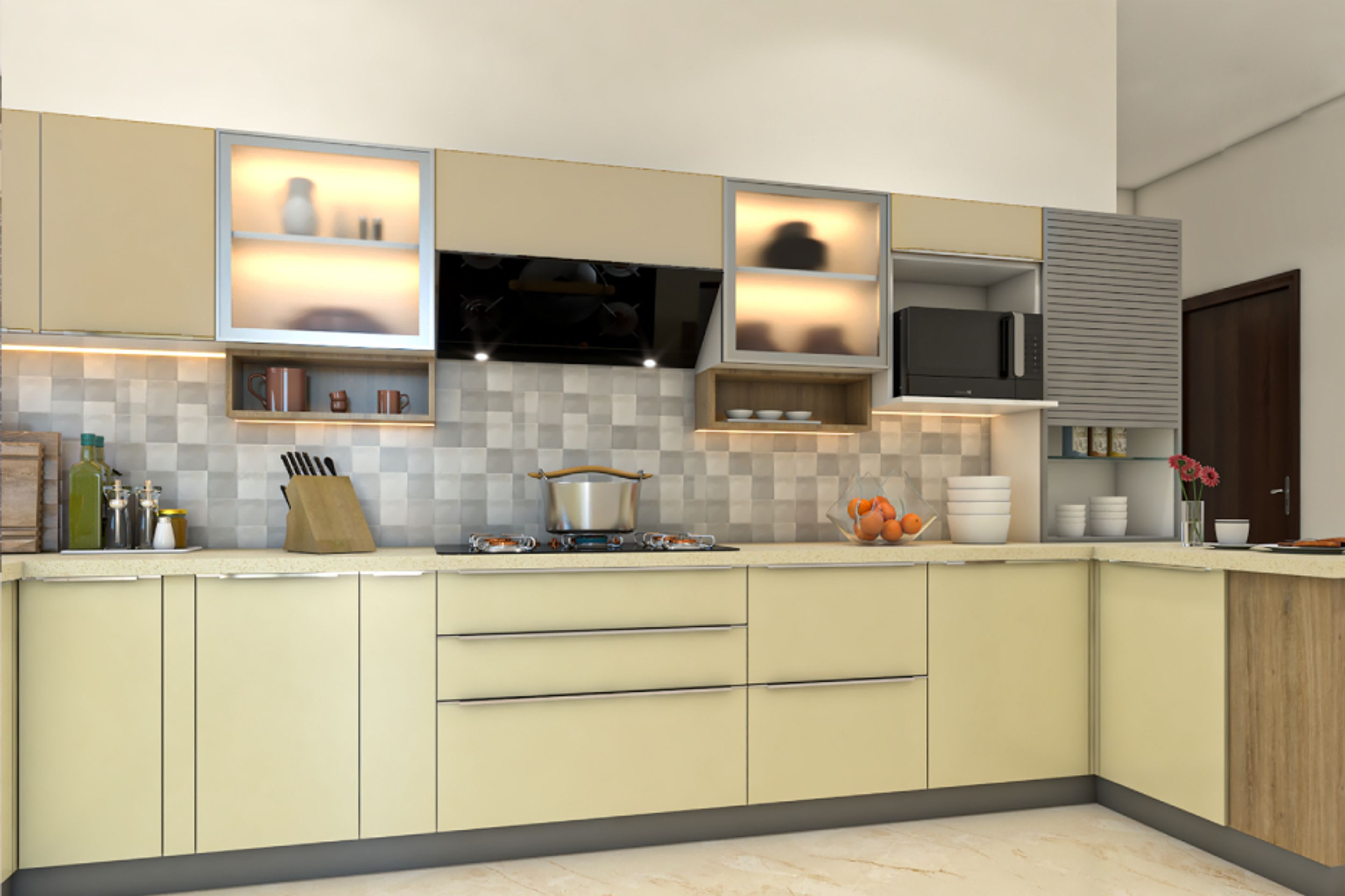 Spacious Kitchen Design With A Corian Countertop - 12X9 Ft | Livspace