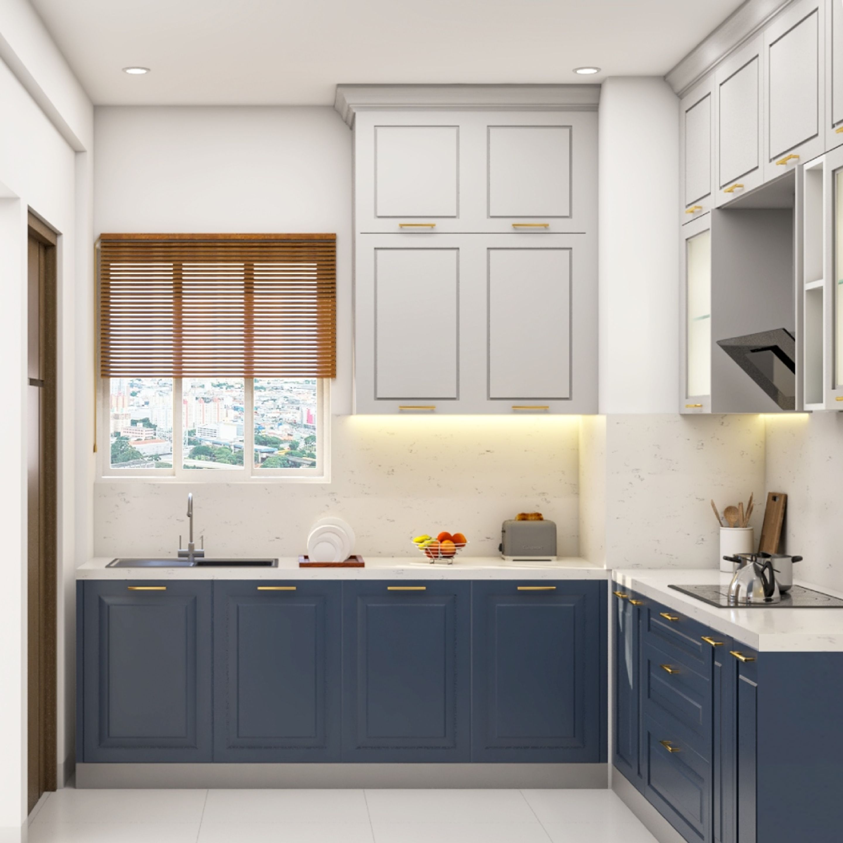 Modular Kitchen Design With Blue And White Cabinets - 12x12 Ft | Livspace