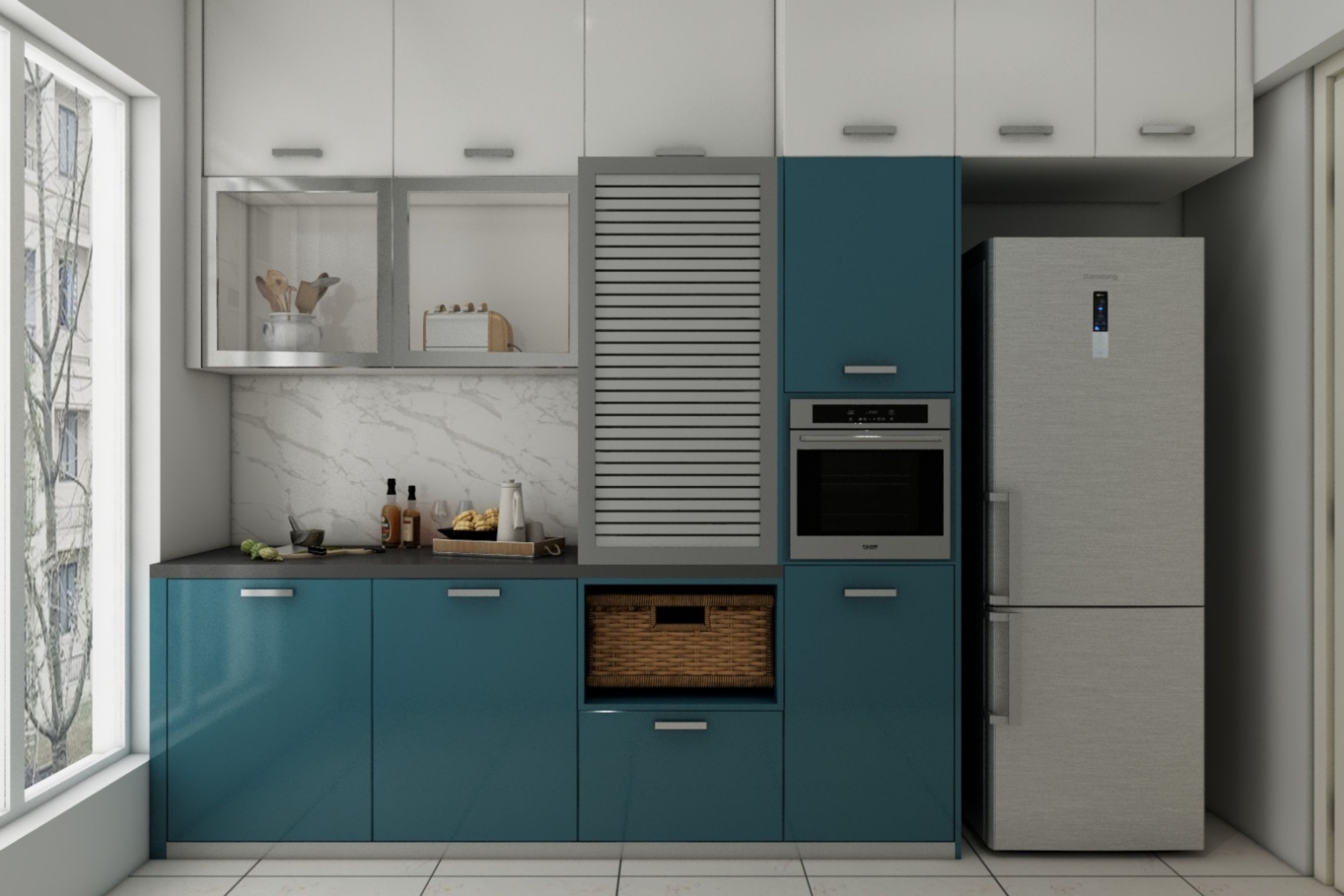 Modular Kitchen Design With White And Teal Storage Units - 11X10 Ft ...