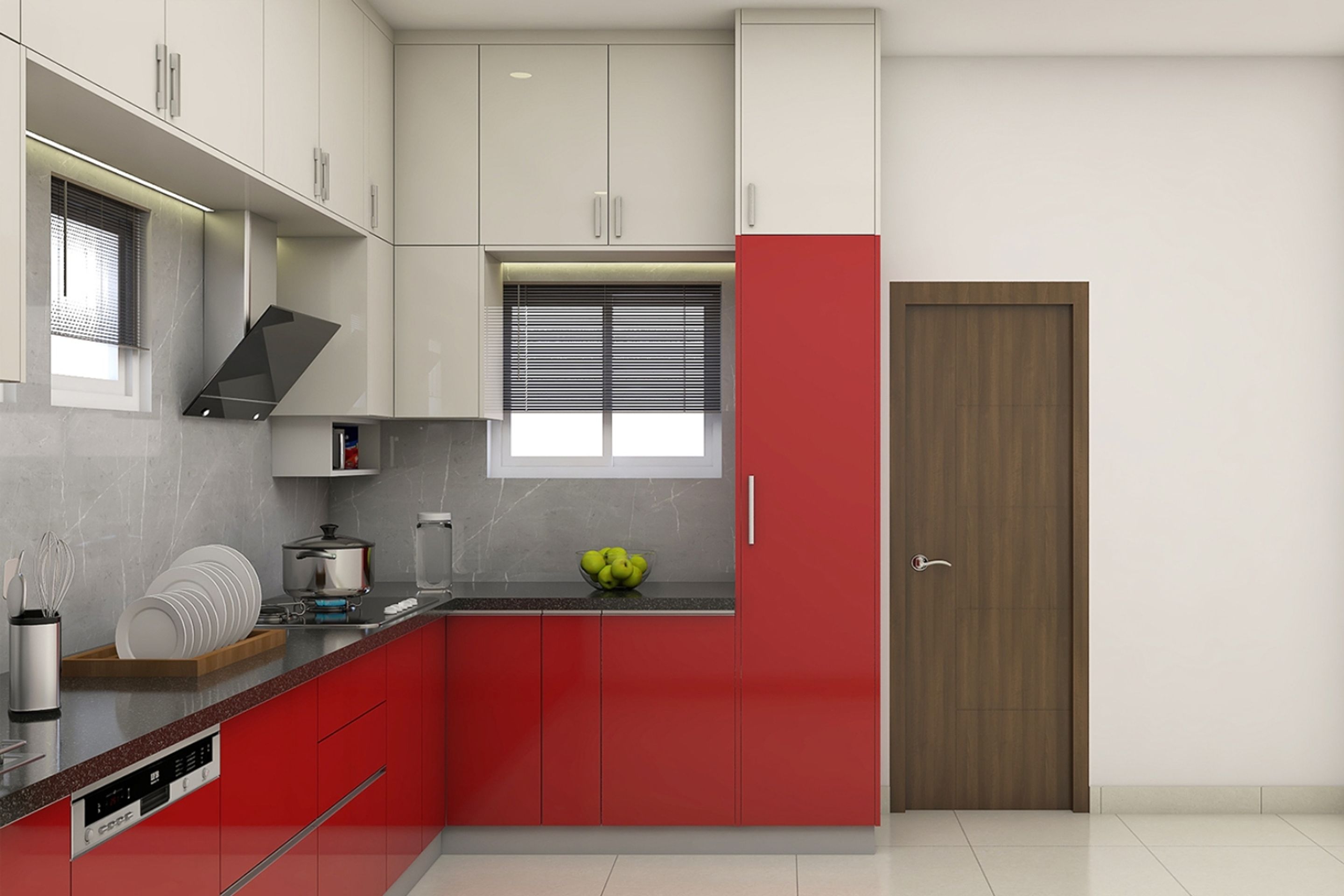 Modular Kitchen Design With Grey Backsplash Tiles - 13X11 Ft | Livspace