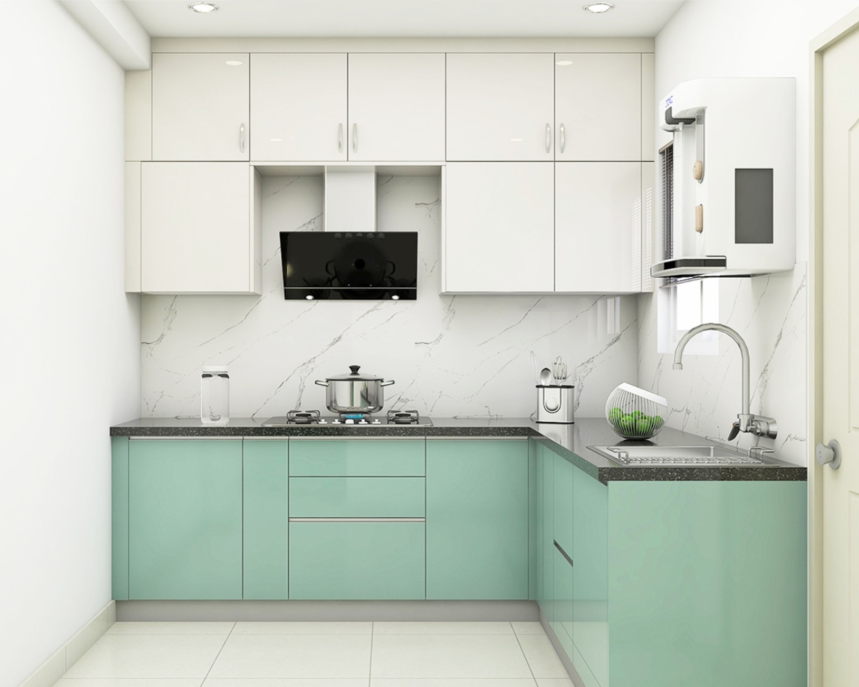 Modular Kitchen Design With Light Green And White Kitchen Cabinet ...