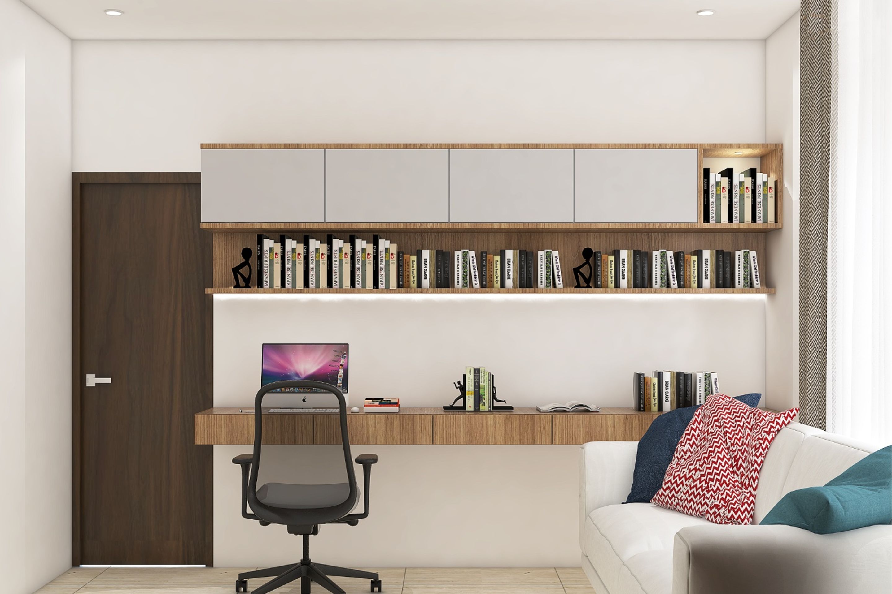 Spacious Grey And Teak Study Room Design With Open Bookshelf | Livspace