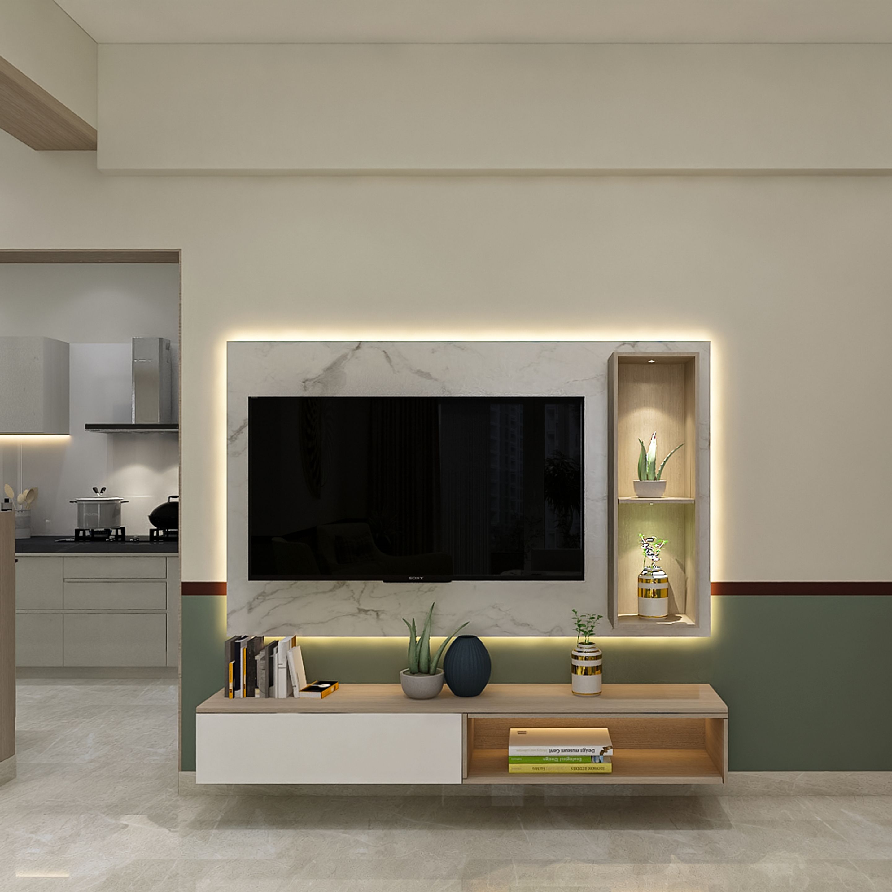 Wall-Mounted TV Unit With Cove Lighting | Livspace