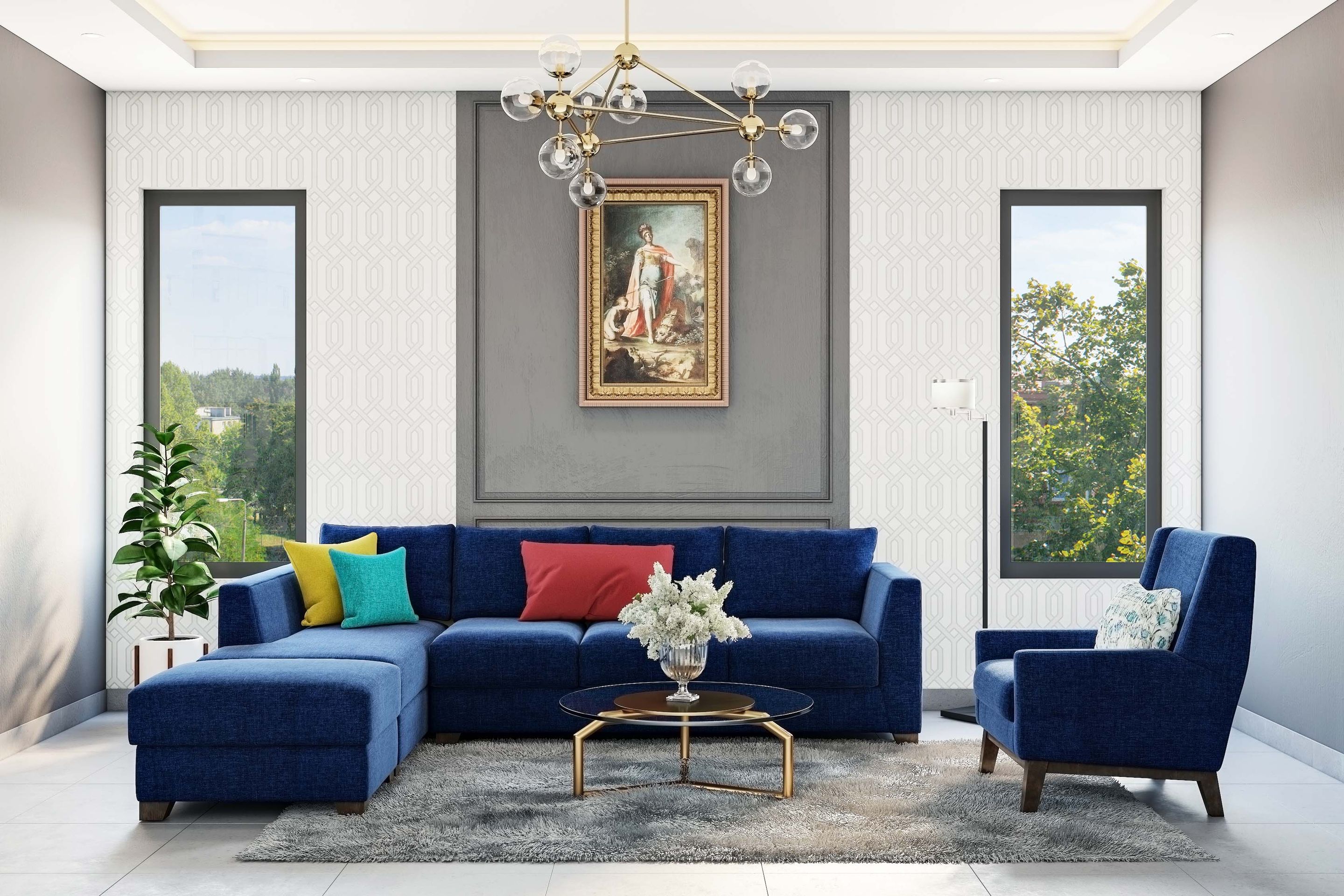 Living Room Wall Design With Grey Paint And Trims | Livspace