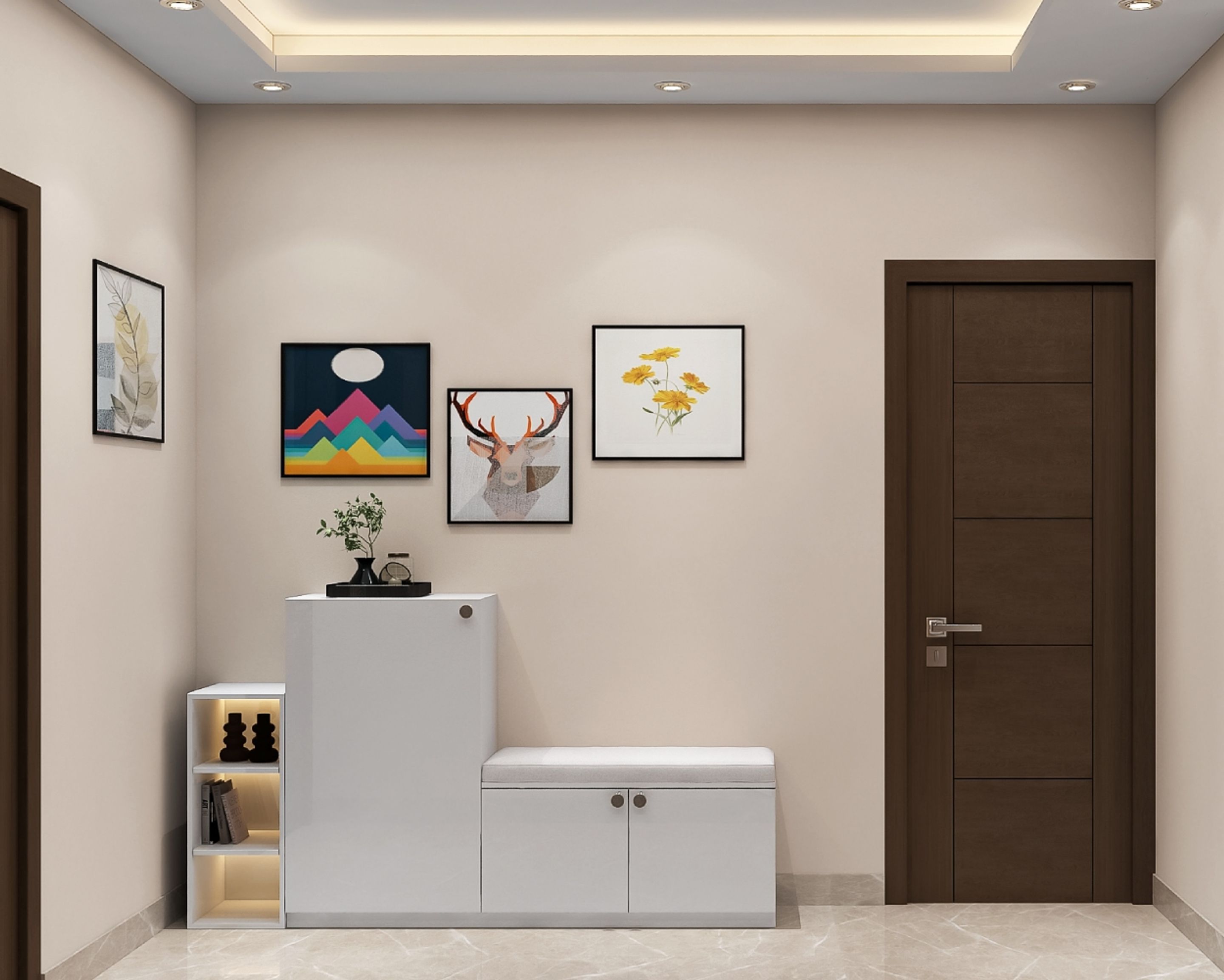 Spacious Foyer Design With 2-Stepped Storage In White | Livspace