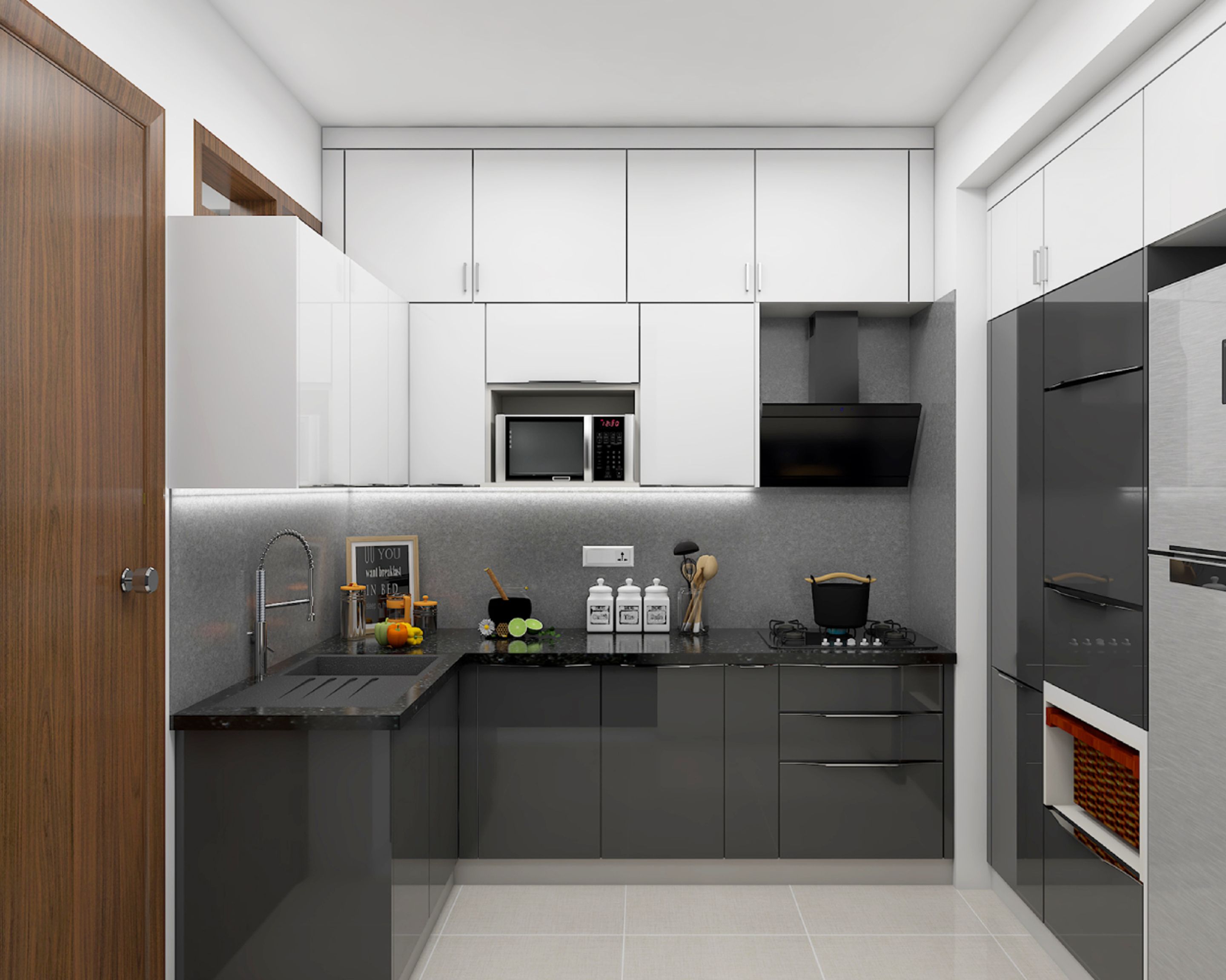 Elegant Modern L-Shape Kitchen Design with Black Granite Countertop ...