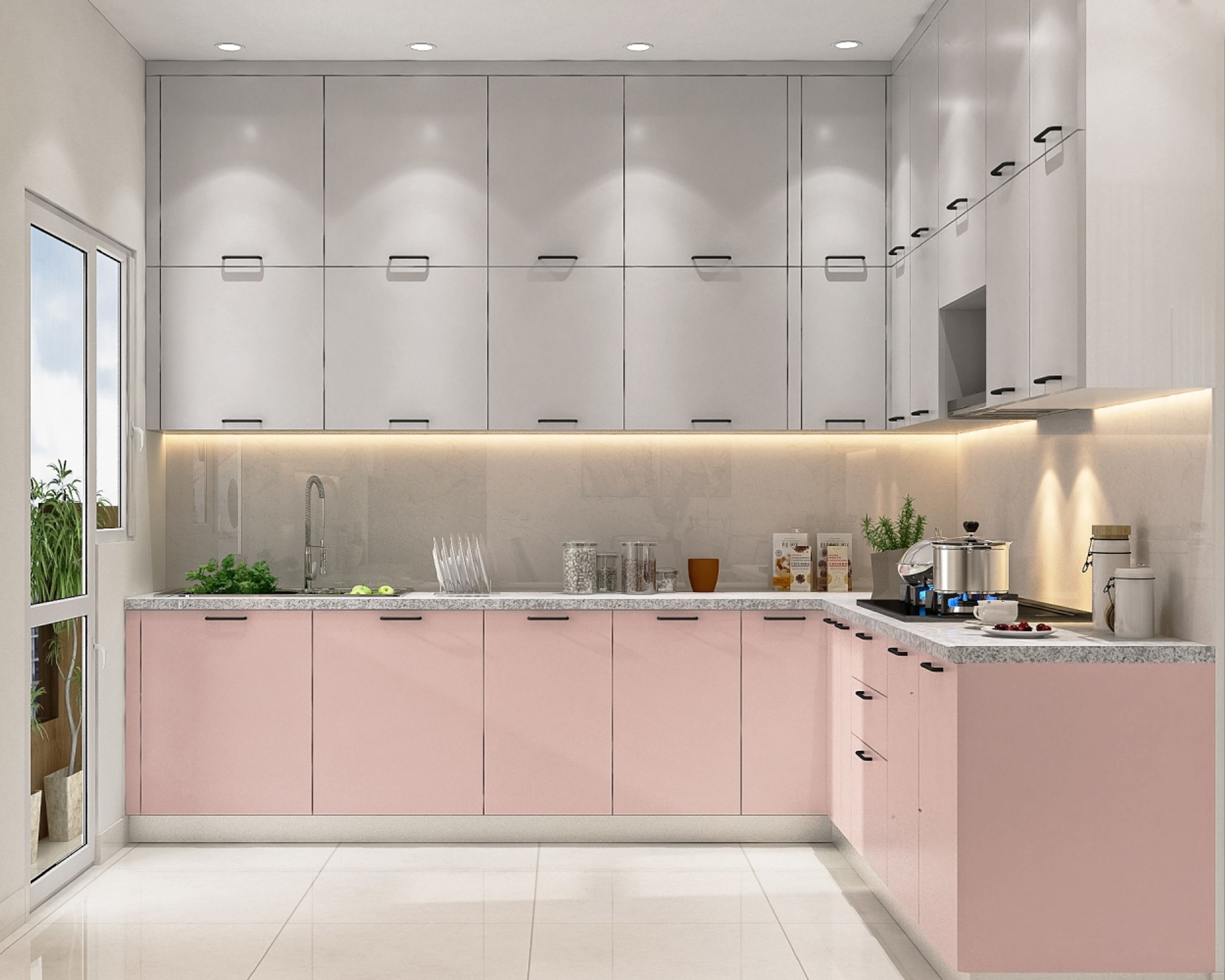 Small Space Modern L-Shaped Kitchen Design: Granite Top and Cabinets ...