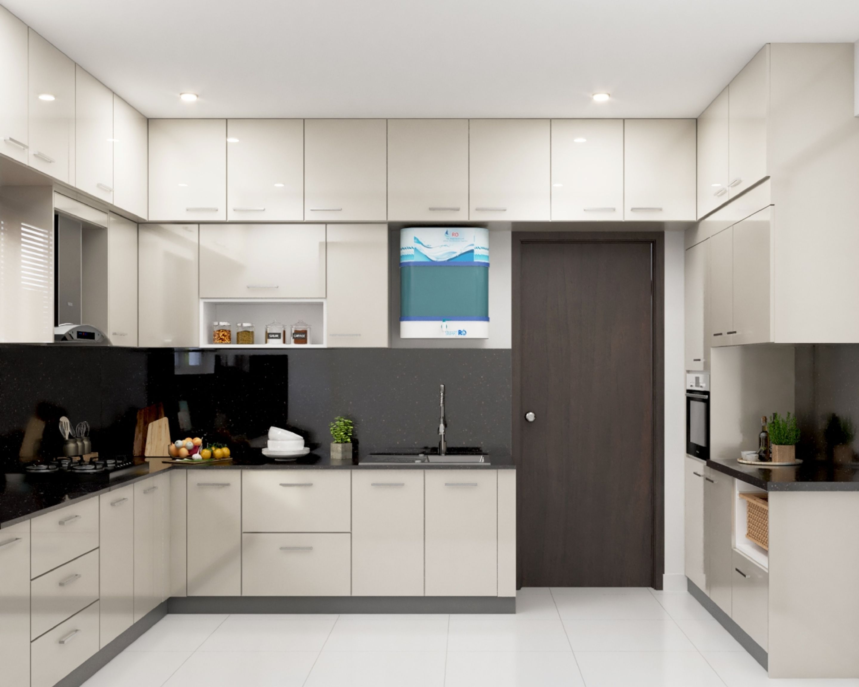 Spacious Modern L-Shape Kitchen Design with Champagne Finish | Livspace