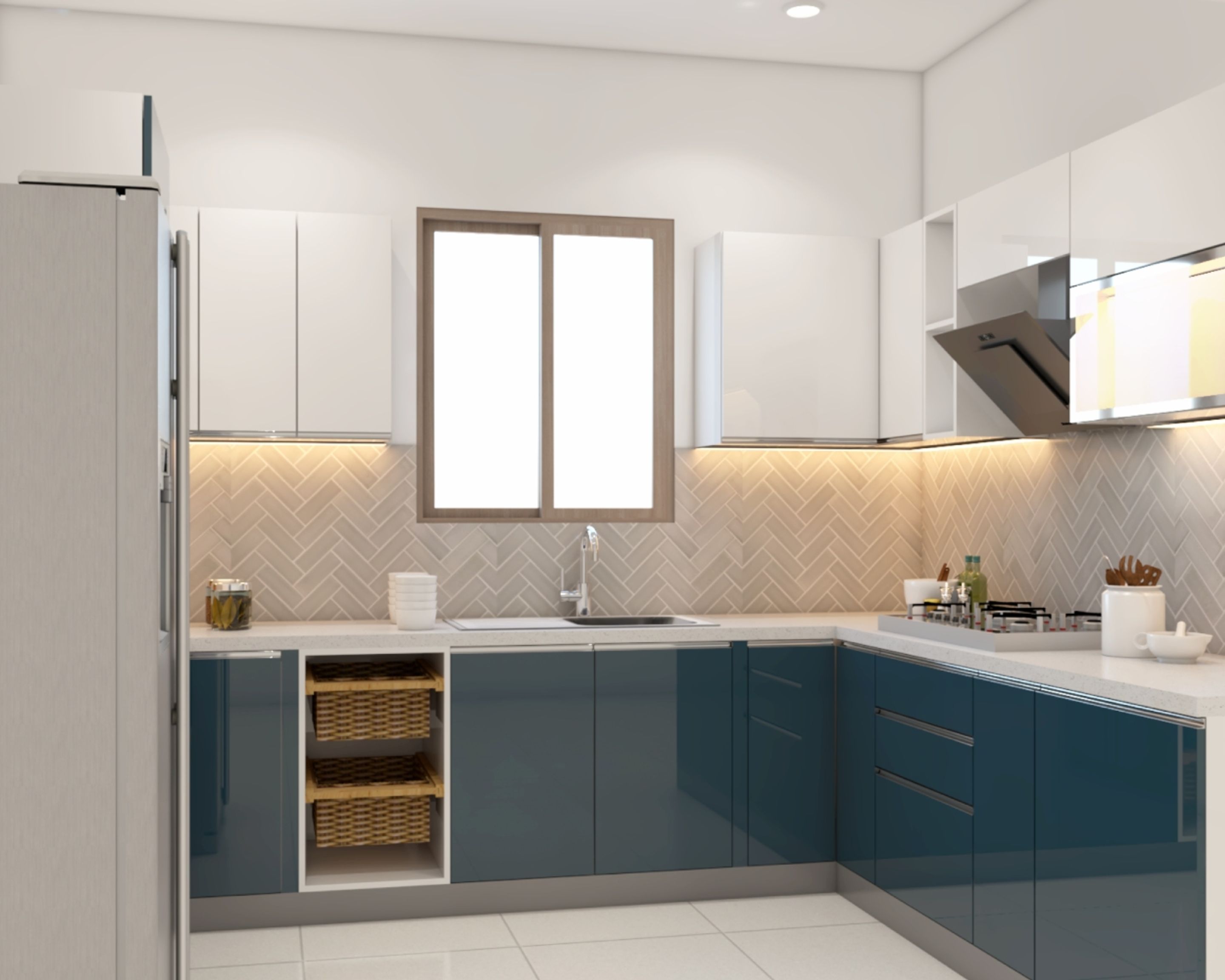 Modern L-Shape Kitchen Design with Shore and Champagne Cabinets | Livspace