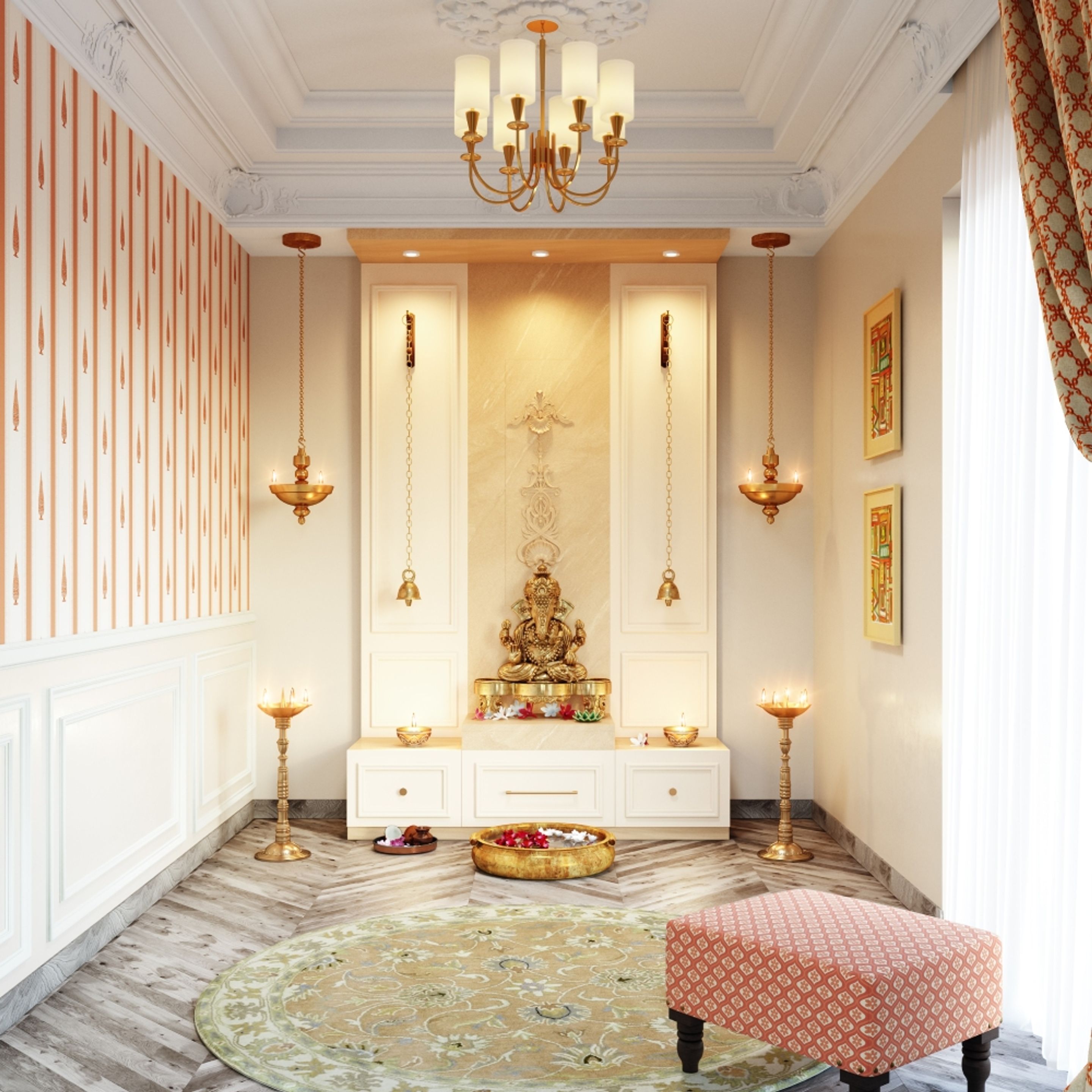 Marble Trim Classic Pooja Unit Design with Stucco Ceiling and Wallpaper ...