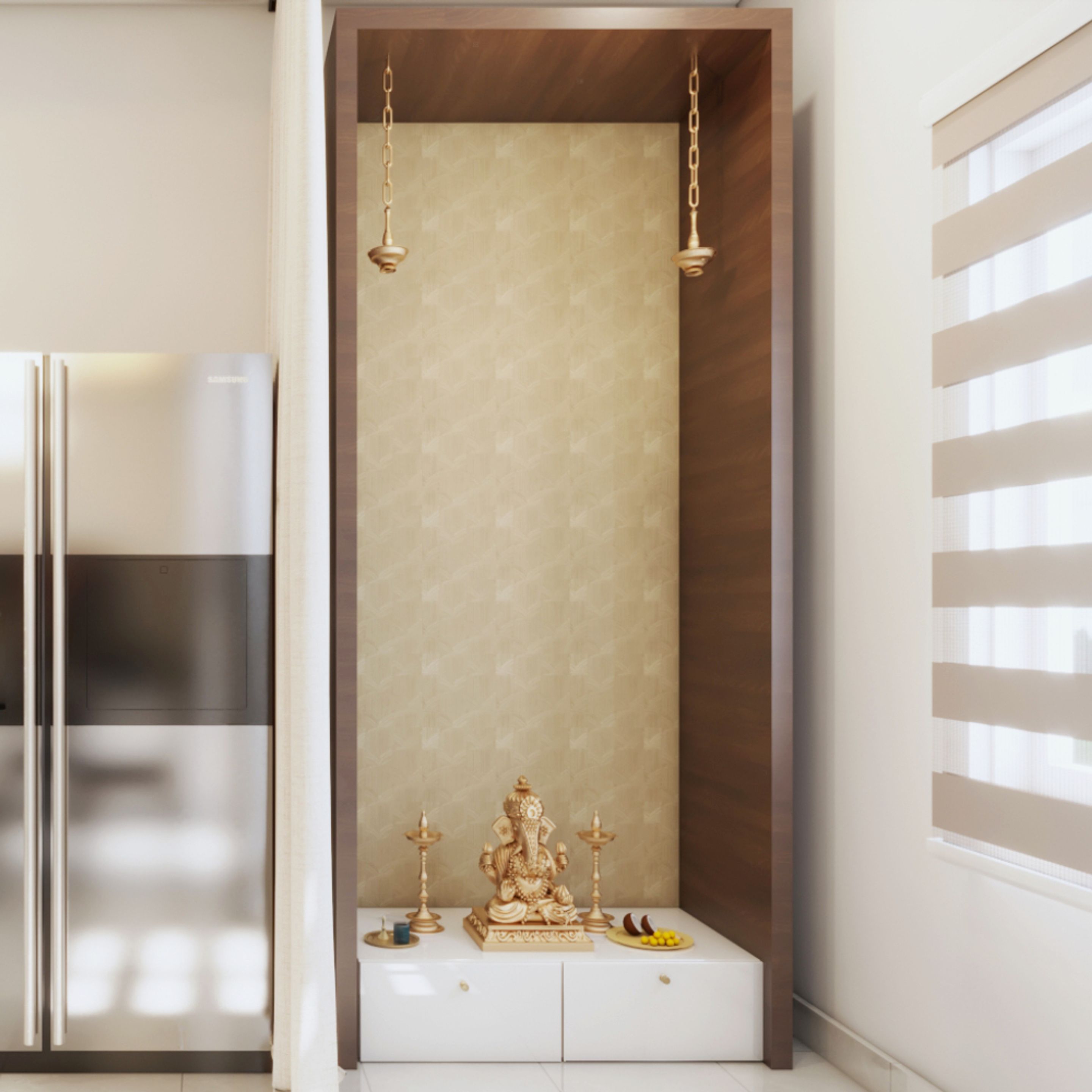 Dual-Toned Mandir Design With White Drawer Storage | Livspace