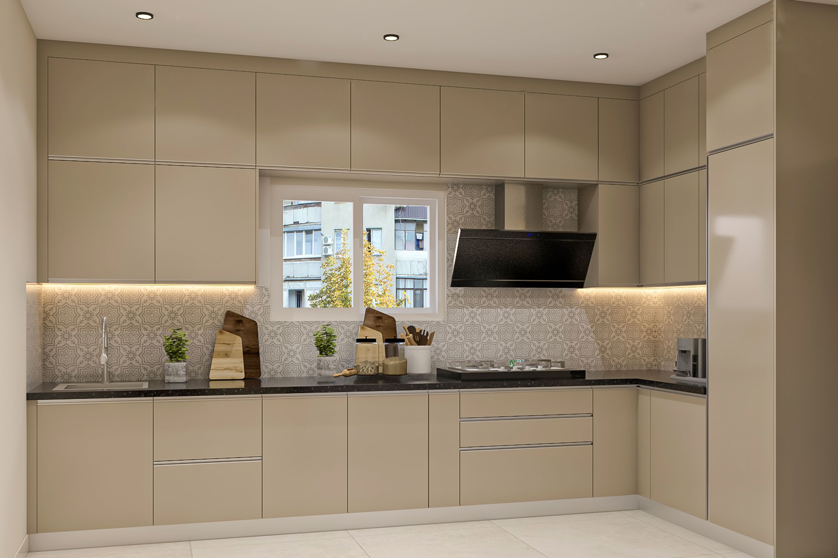 Irish Cream-Toned L-Shape Kitchen Design With Grey-White Moroccan ...