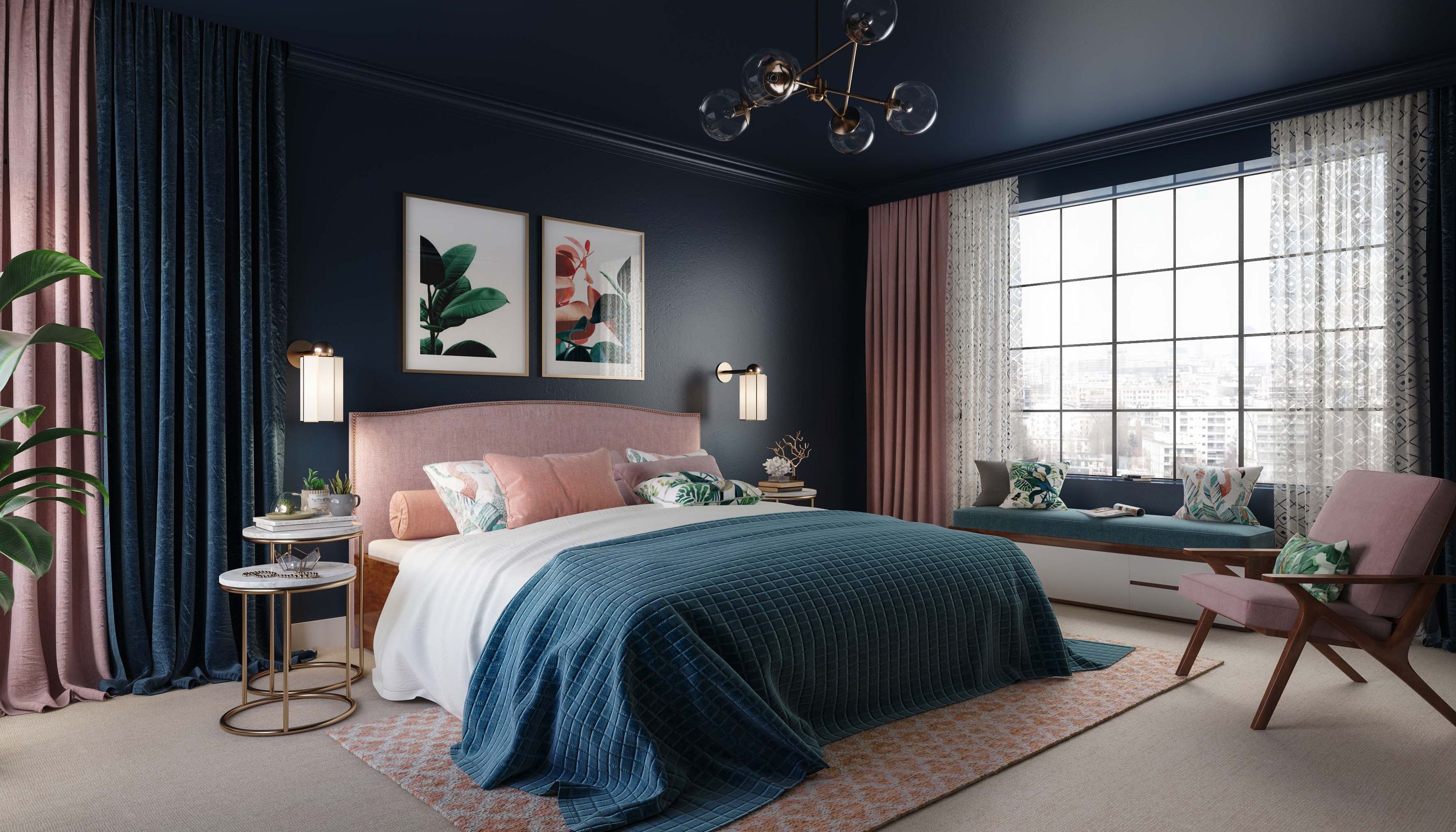 Spacious Master Bedroom Design With Pink Headboard And Dark Blue Accent ...