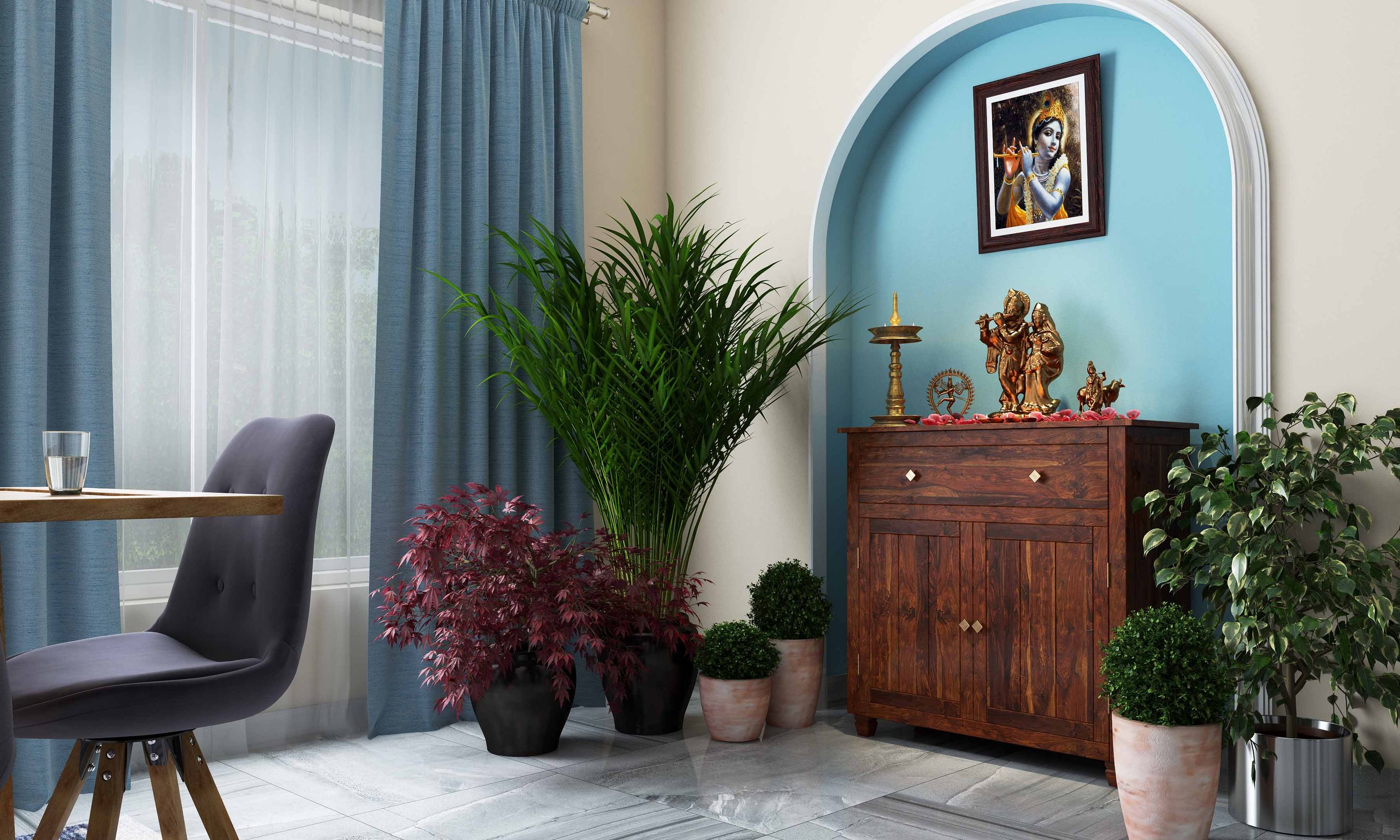 Spacious Contemporary Wooden Mandir Design With Blue Wall Niche | Livspace